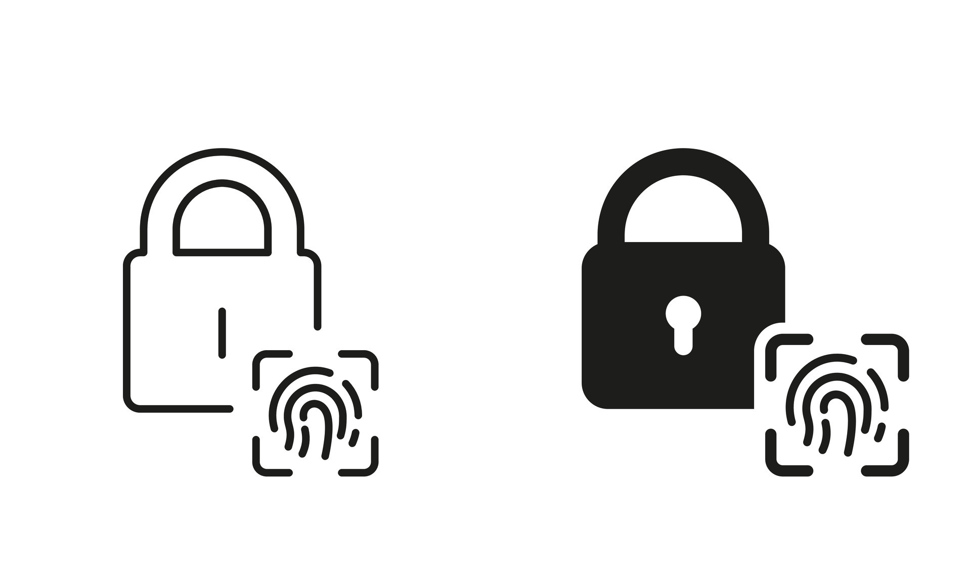 Padlock And Finger Print Biometric Identification Line And Silhouette Icon Set Unique