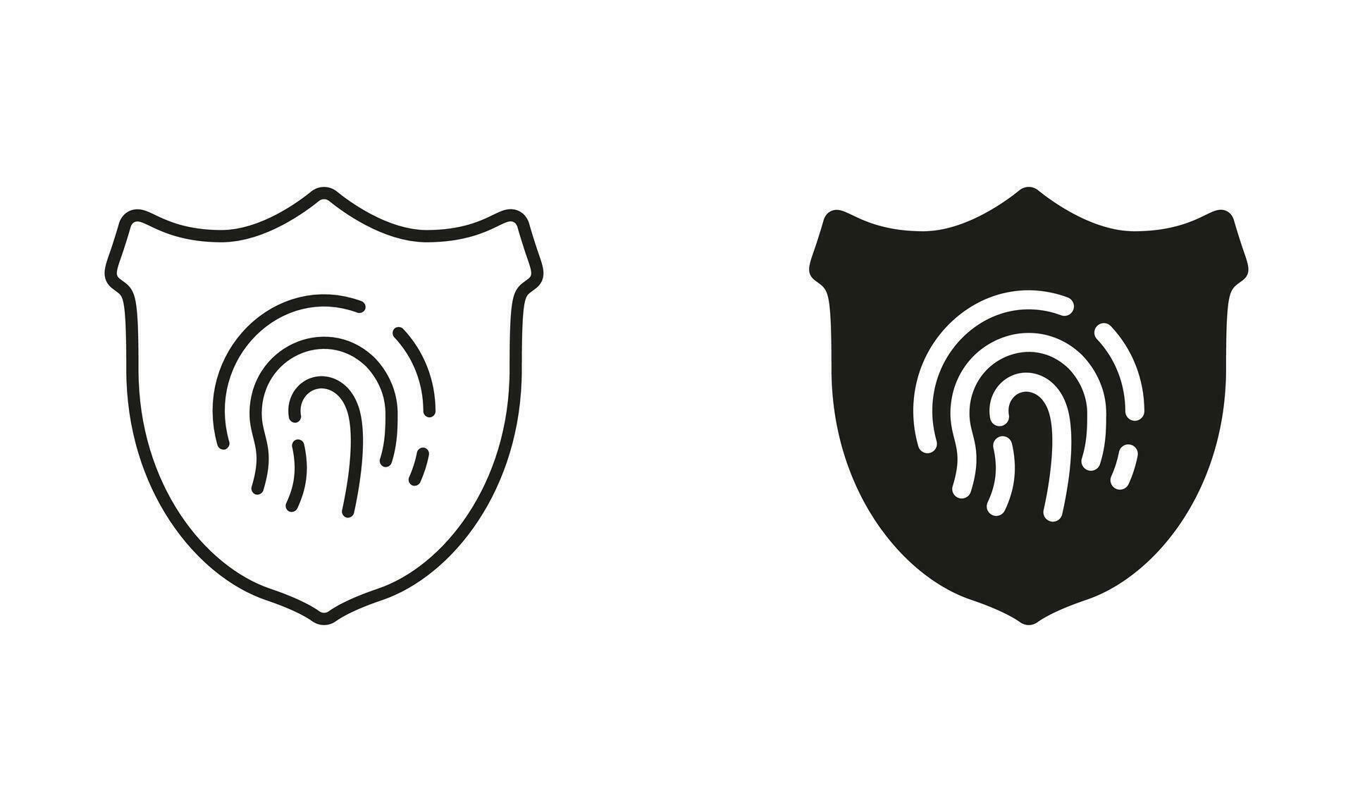 Fingerprint with Shield Line and Silhouette Icon Set. Biometric Identification Symbol Collection ...