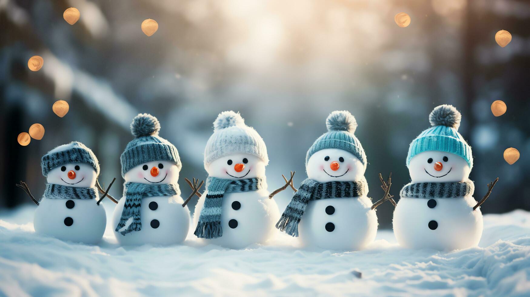 Group of cute snowmen in a cap and scarf in winter snow scene background, celebration concept,AI ...
