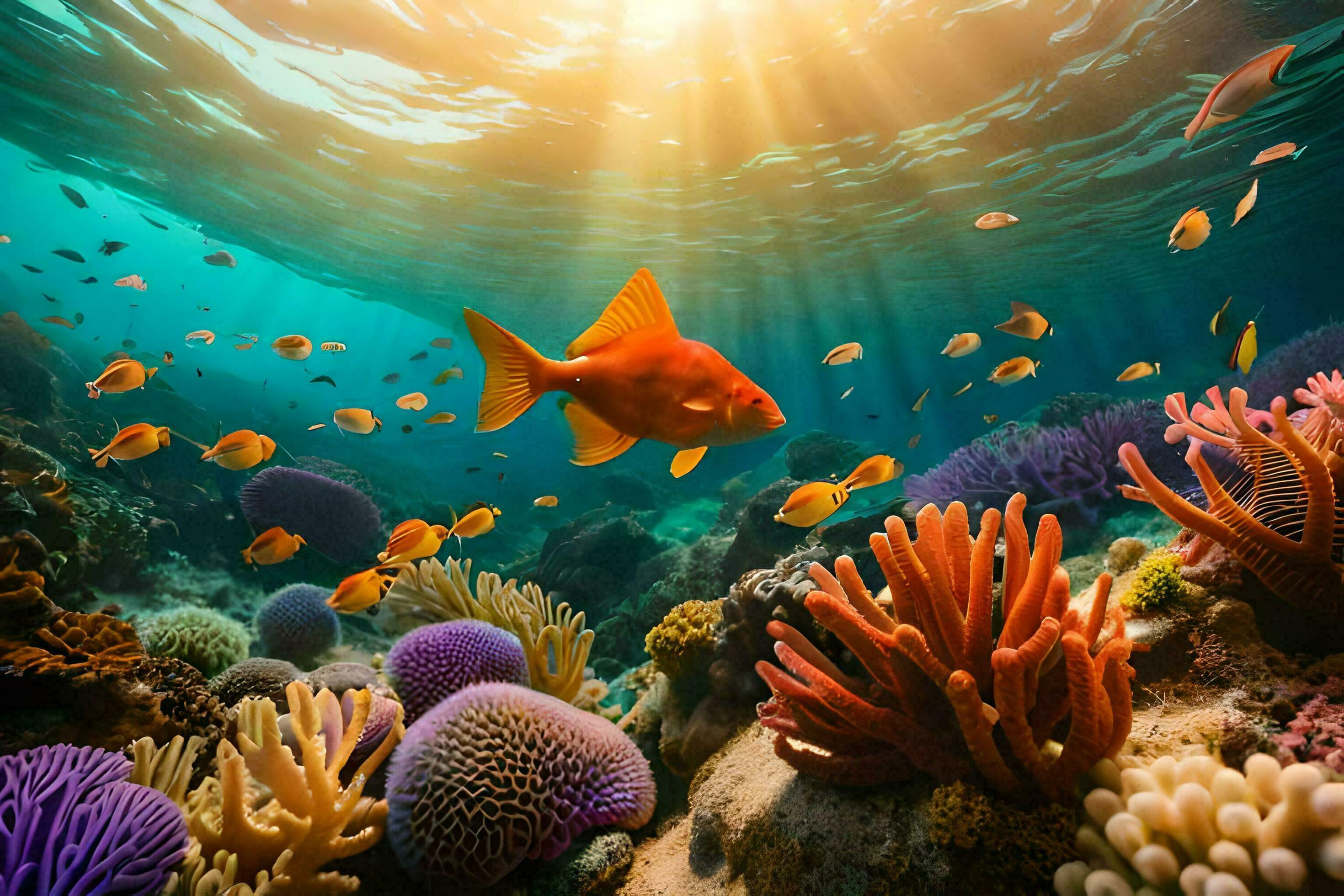 photo wallpaper sea, coral, fish, sun, the ocean, coral reef, fish, underwater. AI-Generated ...