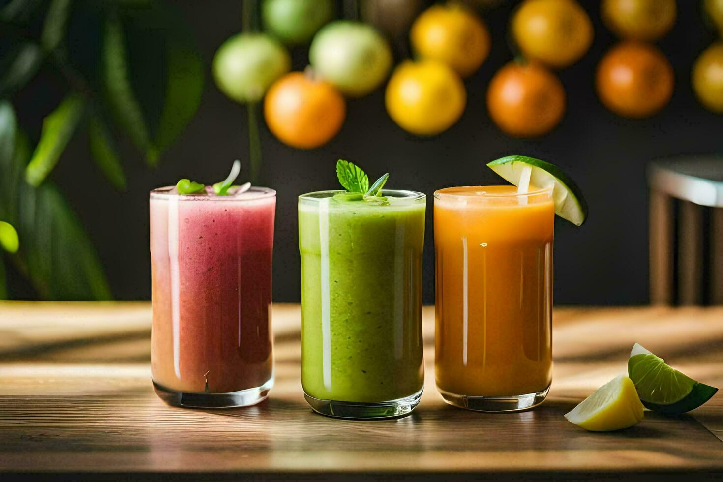 three different types of smoothies on a wooden table. AI-Generated 33363943 Stock Photo at Vecteezy