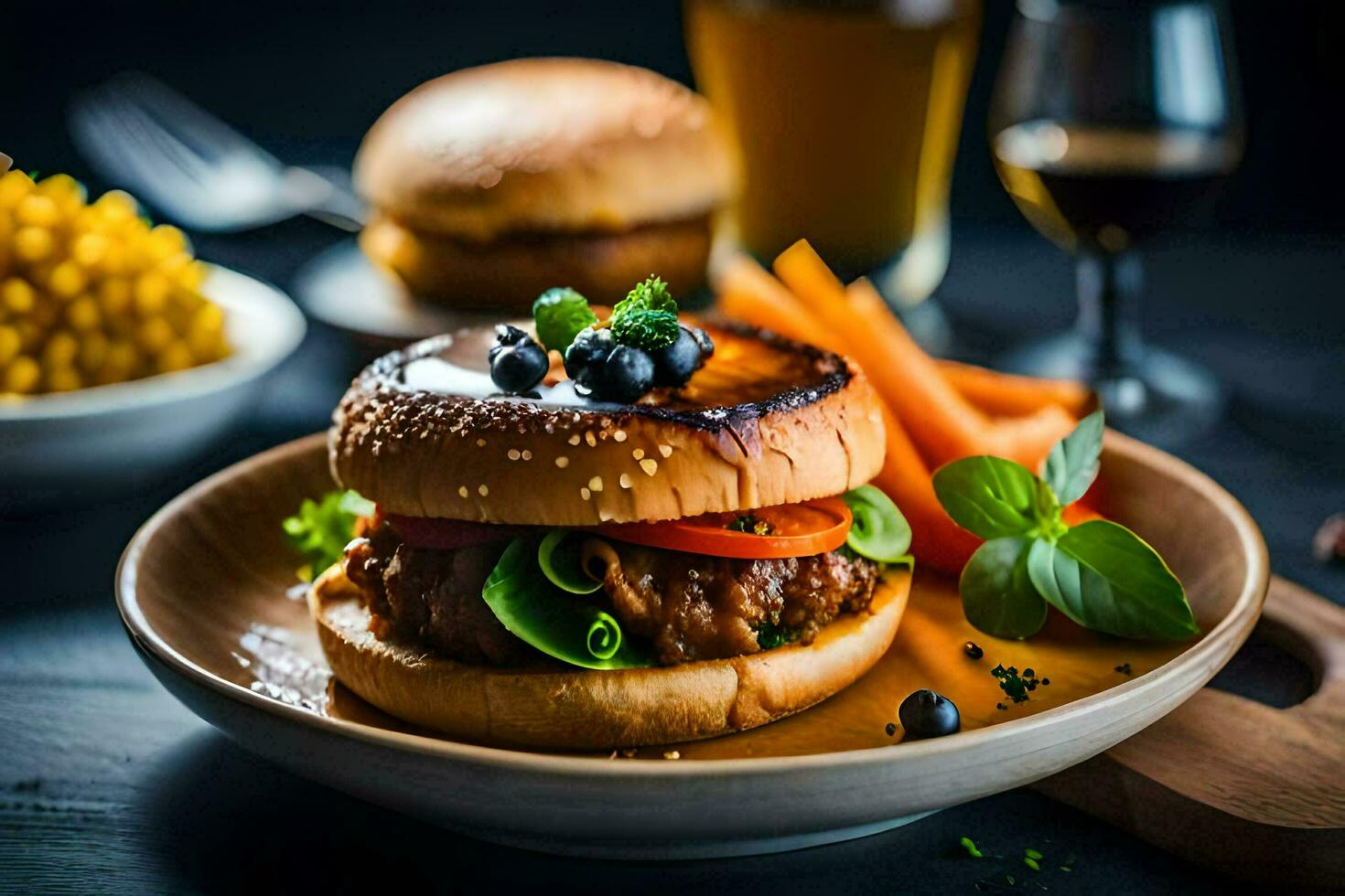 Un Hamburguesa Con Vegetales Y Un Vaso De Cerveza Generado Por Ai 33364055 Foto De Stock En