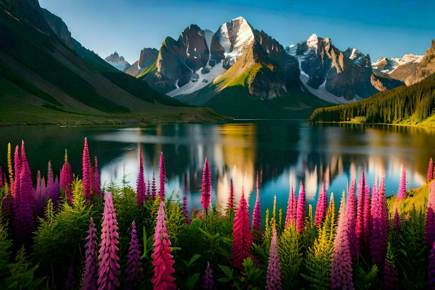 the mountains are reflected in the water and flowers. AI-Generated 33384466 Stock Photo at Vecteezy