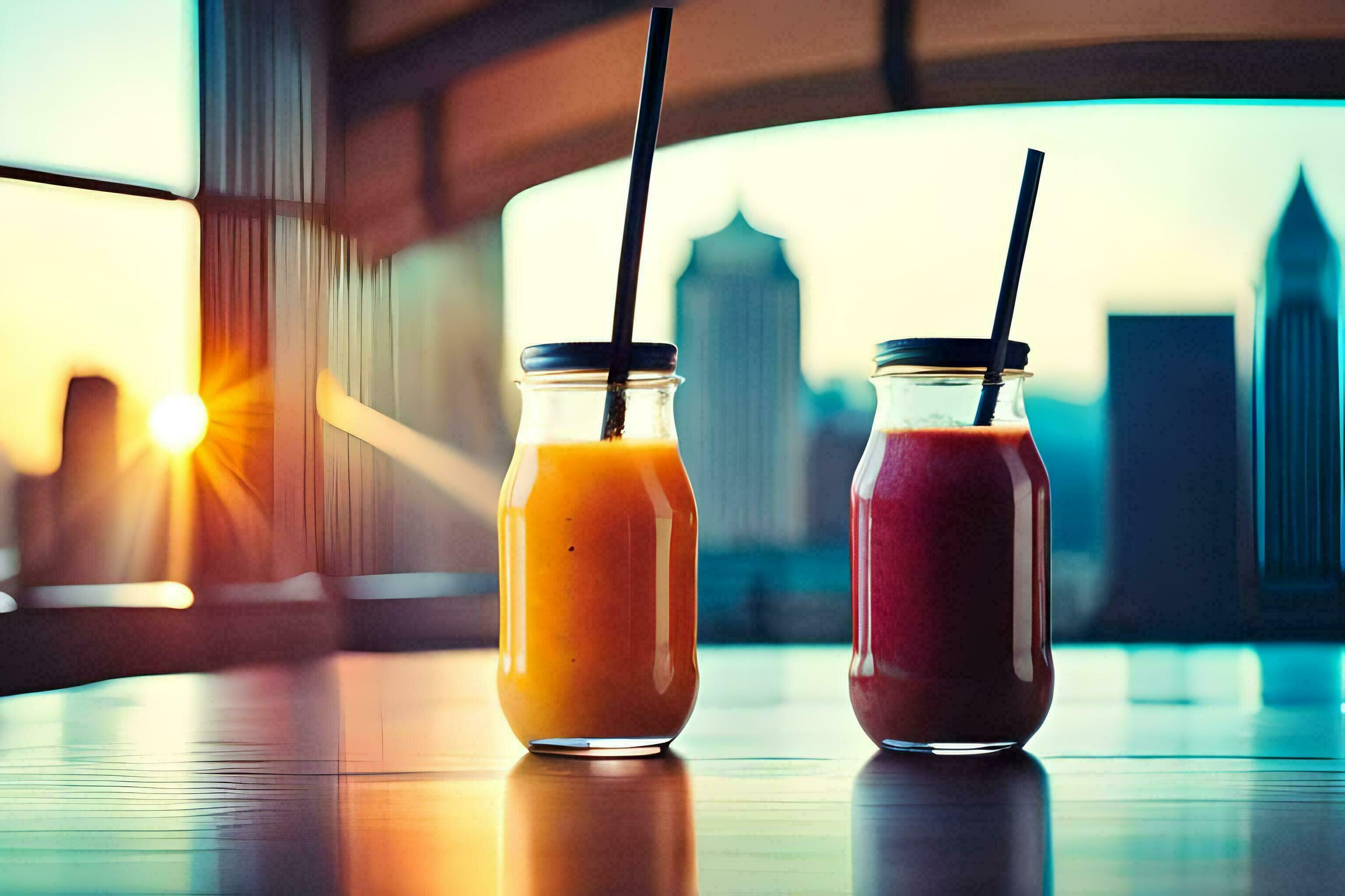 two juice bottles with straws on a table in front of a city skyline. AI-Generated 33430727 Stock ...