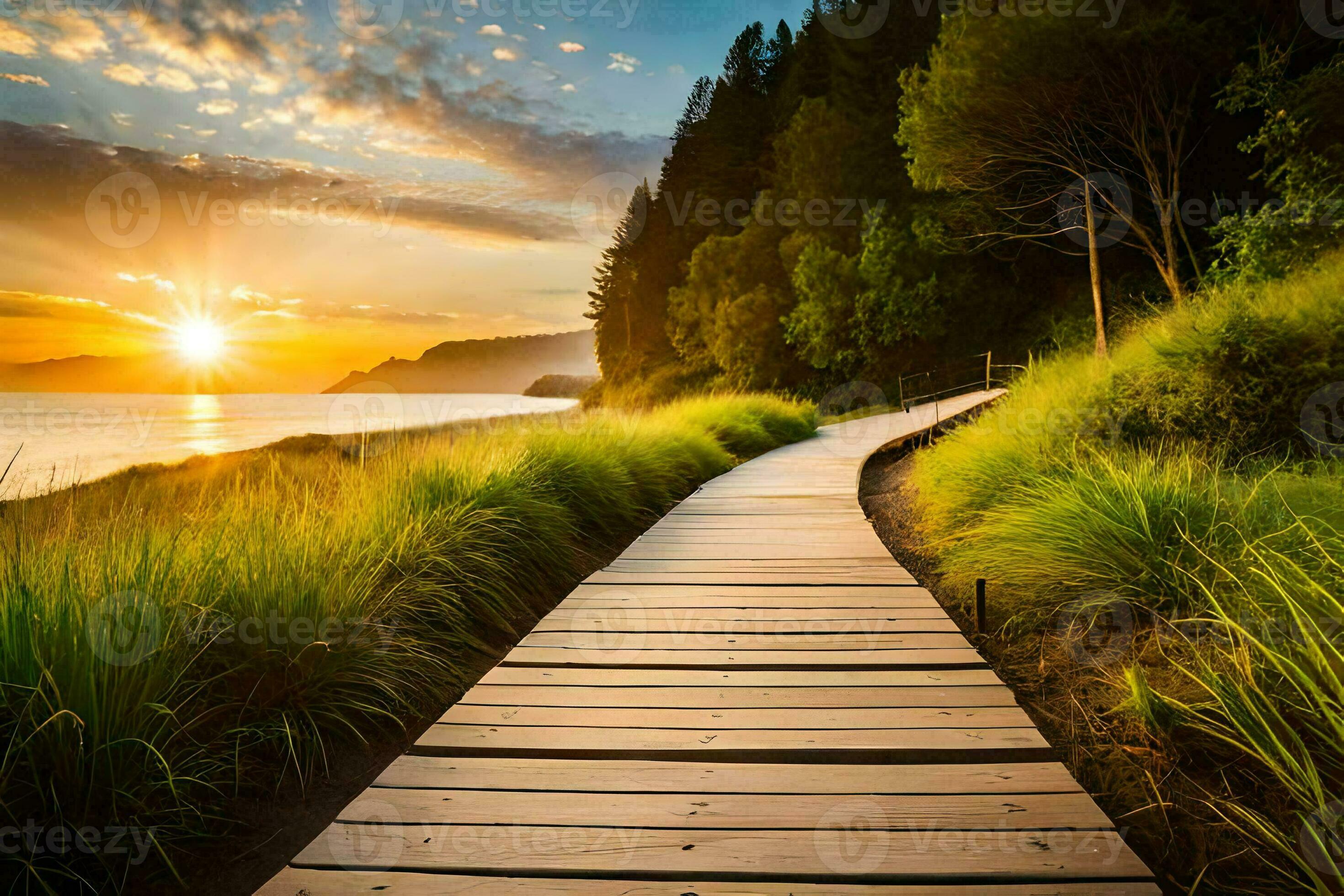 Wooden Path Leading To The Sea At Sunset Ai Generated 33435829 Stock