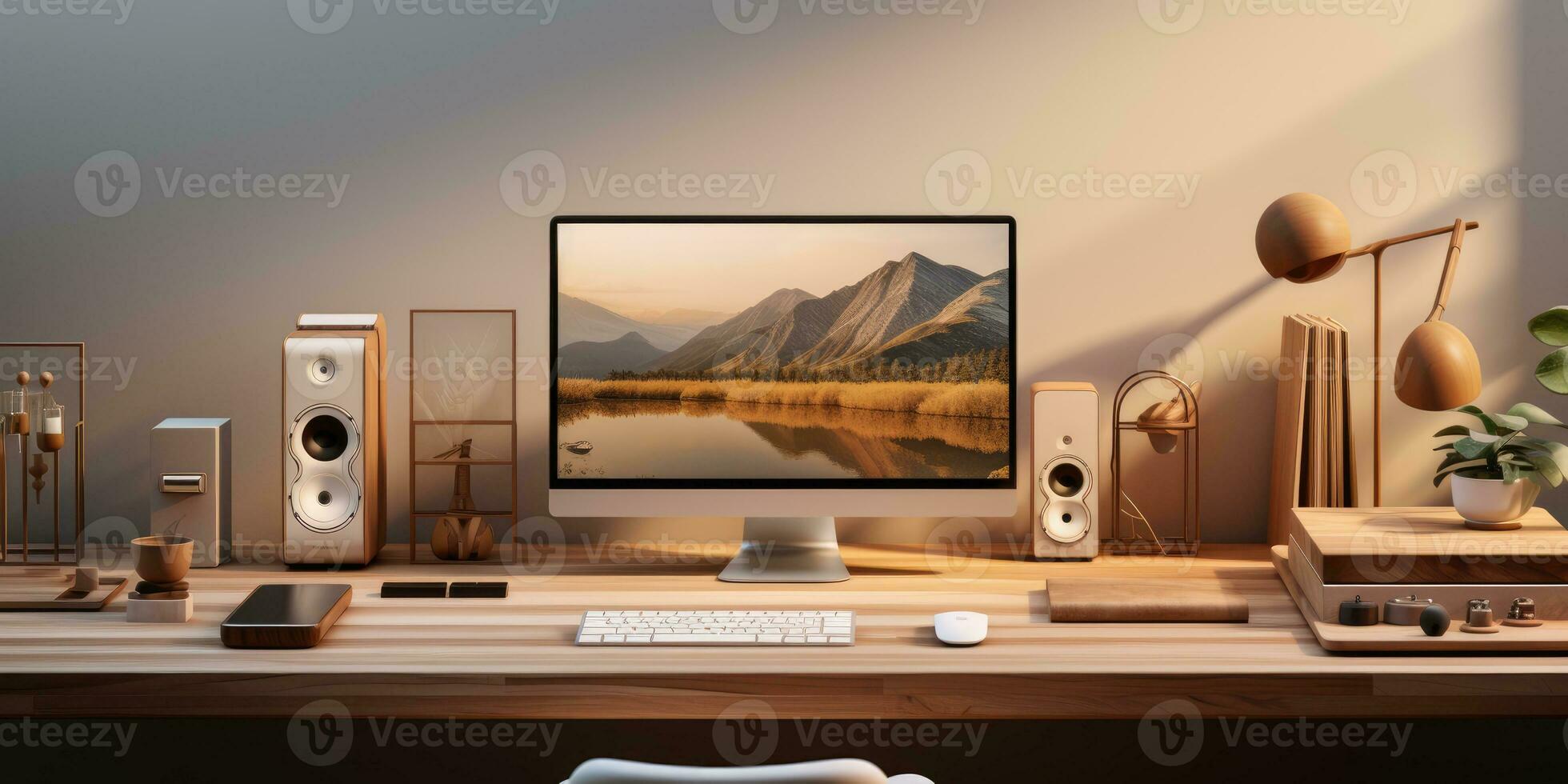 minimalist work space computer with very luxurious wooden components ...