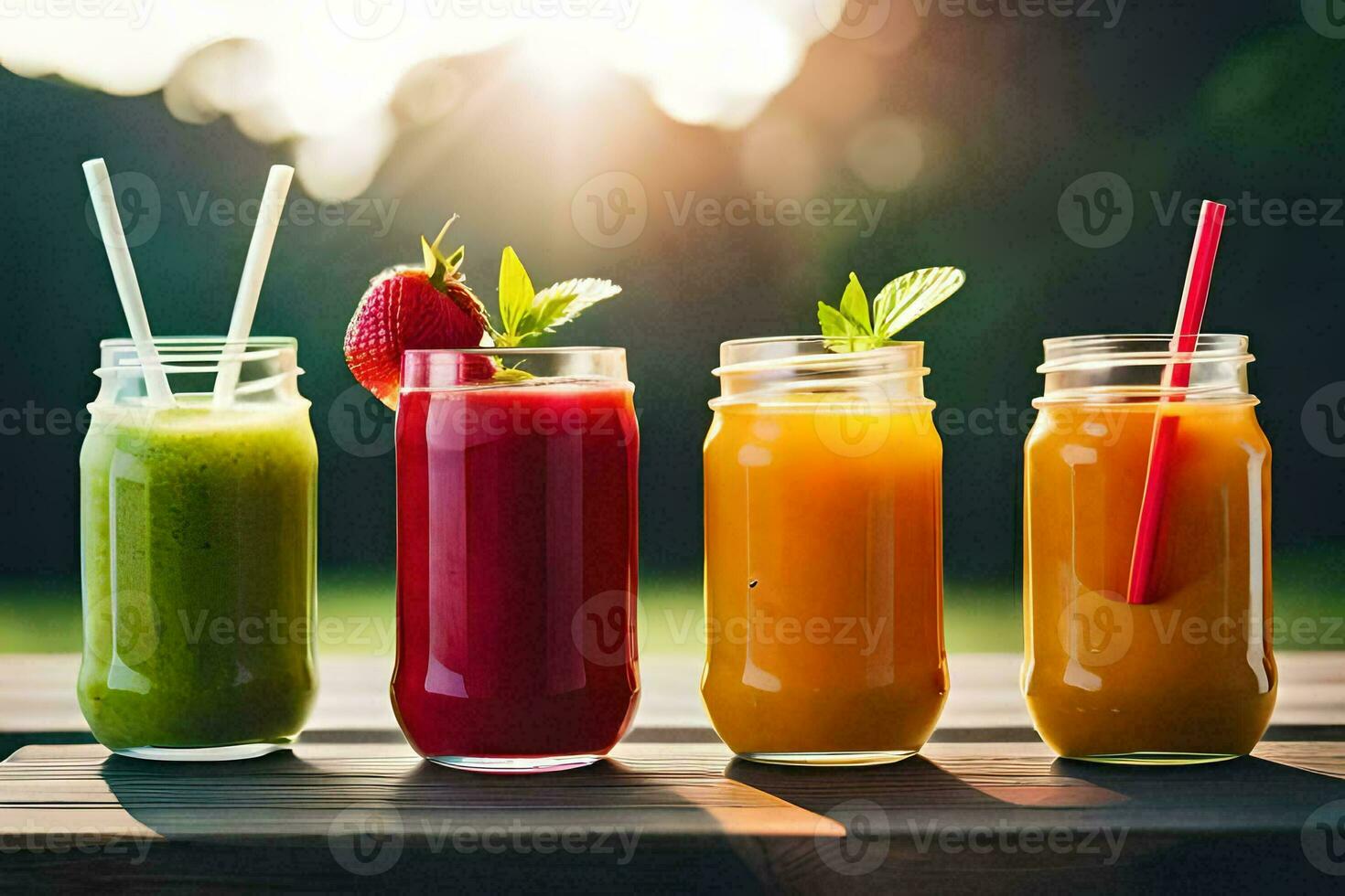 five different types of smoothies in jars. AI-Generated 33441080 Stock Photo at Vecteezy