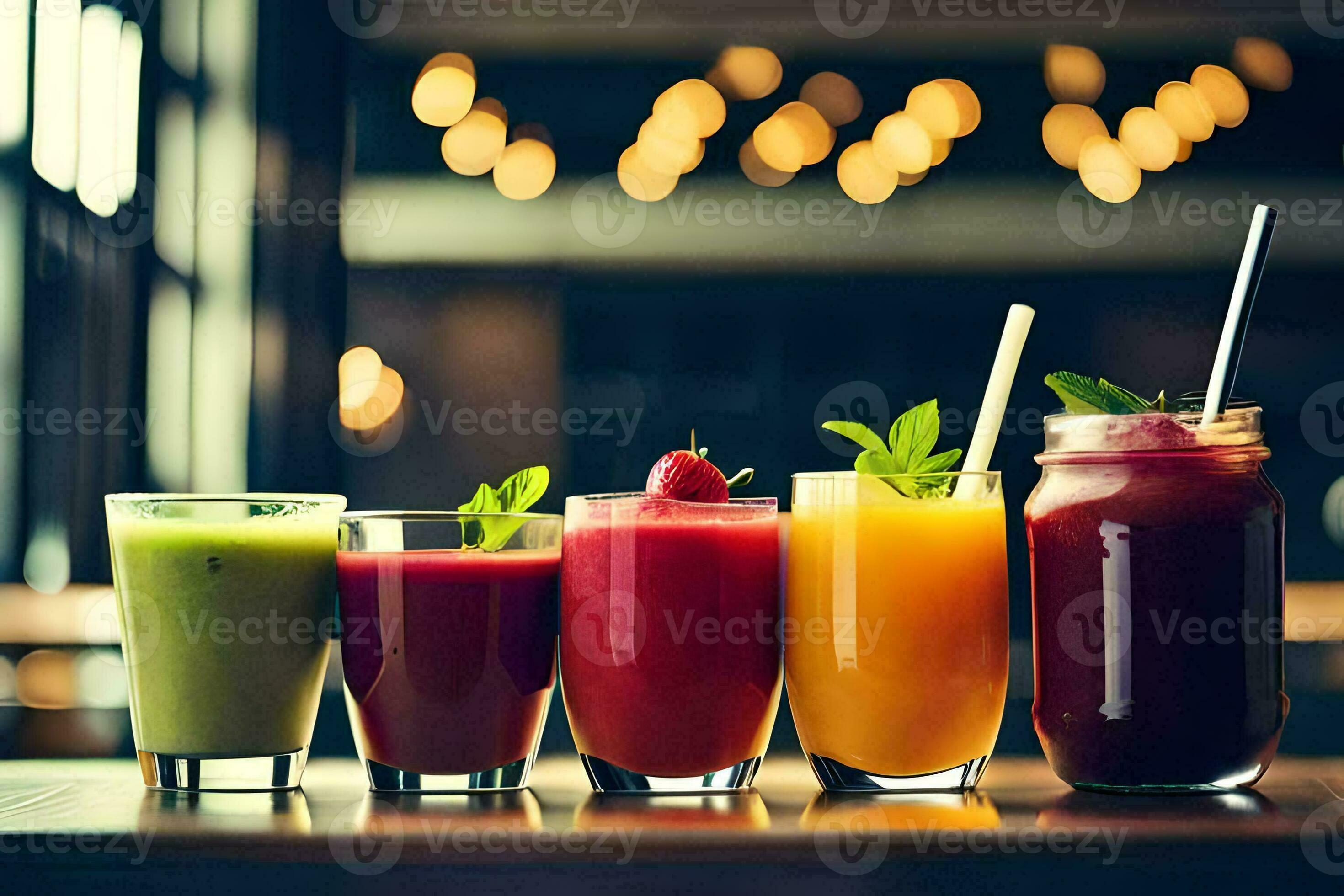 a row of different colored smoothies on a table. AI-Generated 33443421 Stock Photo at Vecteezy