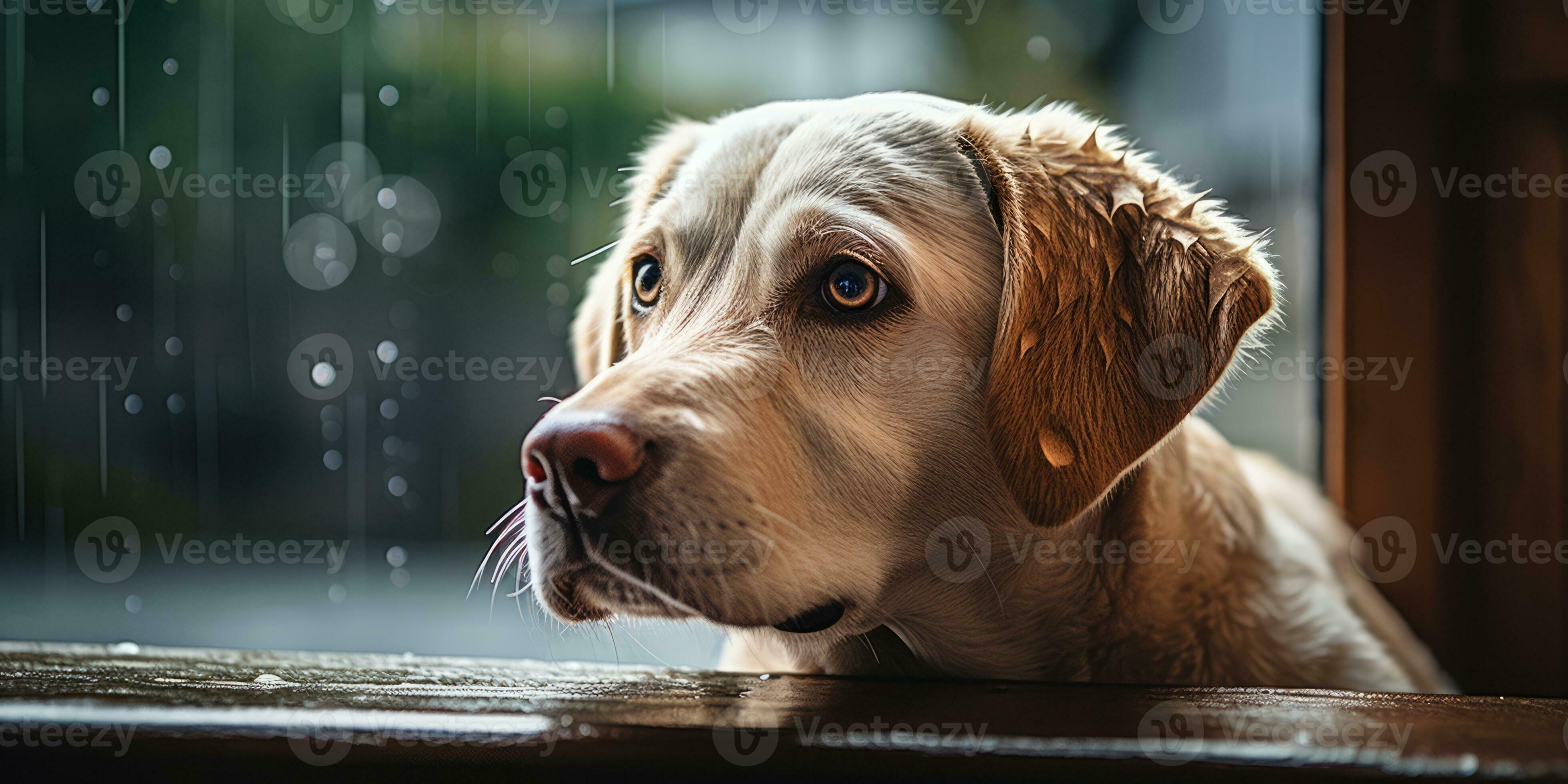 Lonely White Labrador Retriever Waits Sadly At Home Peering Through
