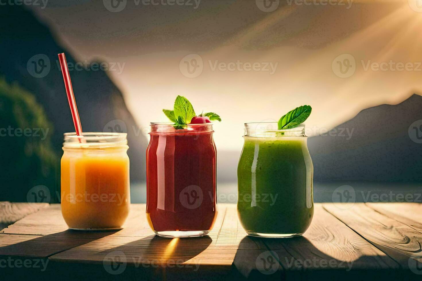 three different types of smoothies on a table. AI-Generated 33450681 Stock Photo at Vecteezy