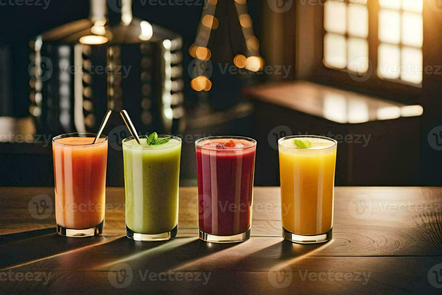 four different types of smoothies on a table. AI-Generated 33451964 Stock Photo at Vecteezy