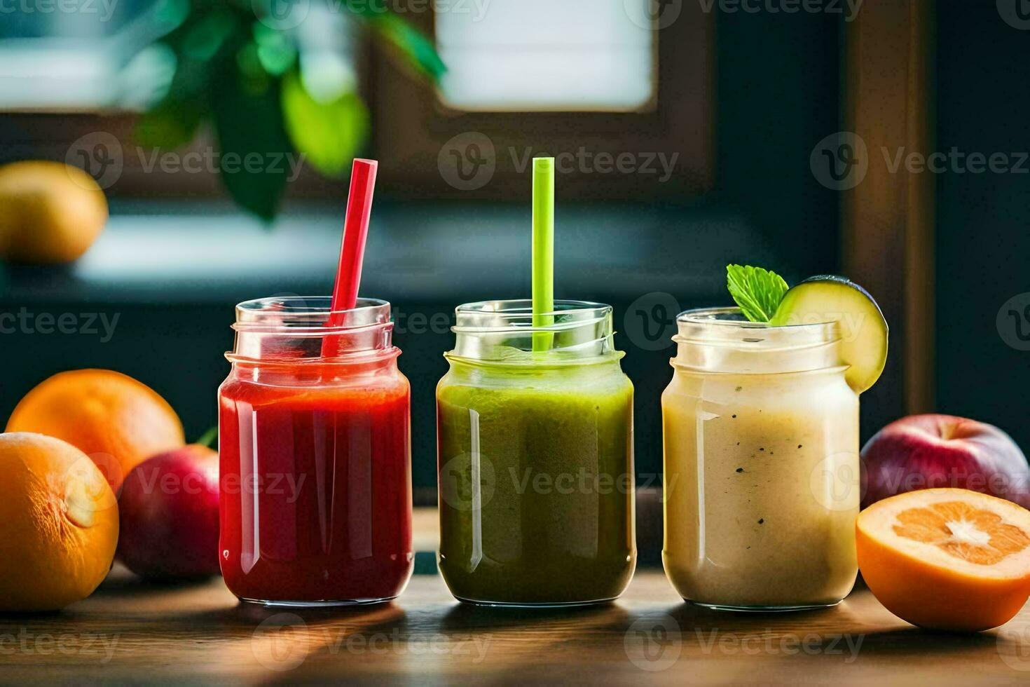 three different types of smoothies in jars. AI-Generated 33454607 Stock Photo at Vecteezy