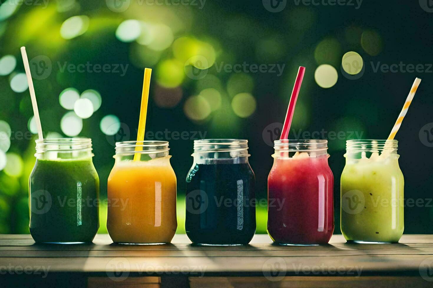 five different types of smoothies in jars. AI-Generated 33456268 Stock Photo at Vecteezy