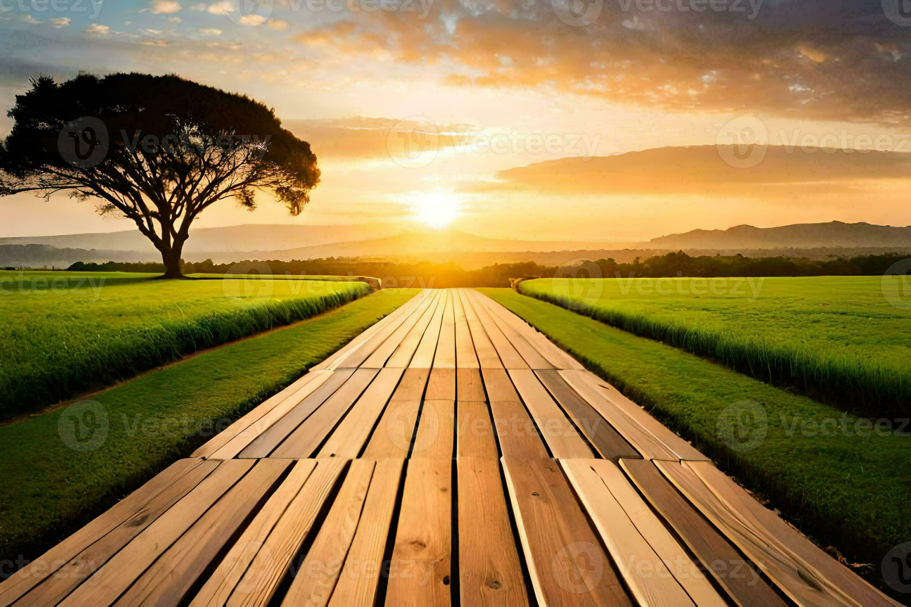 Wooden Path Leading To A Tree In The Sunset Ai Generated 33459471