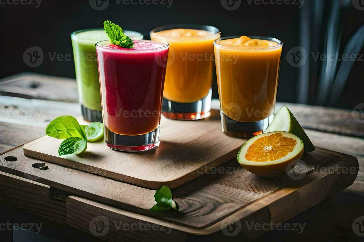 three different types of smoothies on a cutting board. AI-Generated 33463097 Stock Photo at Vecteezy