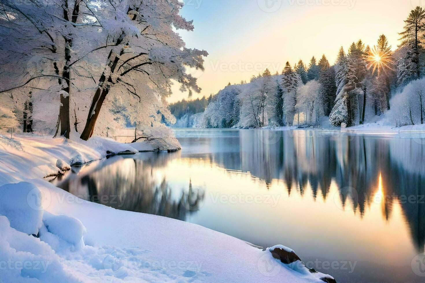 winter landscape with snow covered trees and water. AI-Generated ...