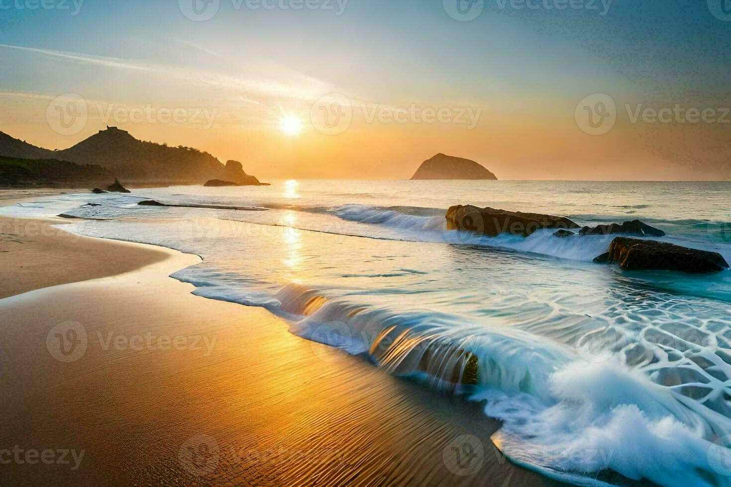 the sun rises over the ocean waves crashing on the beach. AI-Generated 33468152 Stock Photo at ...