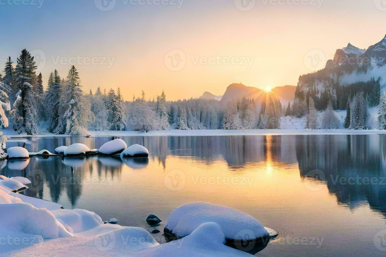 photo wallpaper the sky, snow, trees, mountains, lake, the sun, winter ...