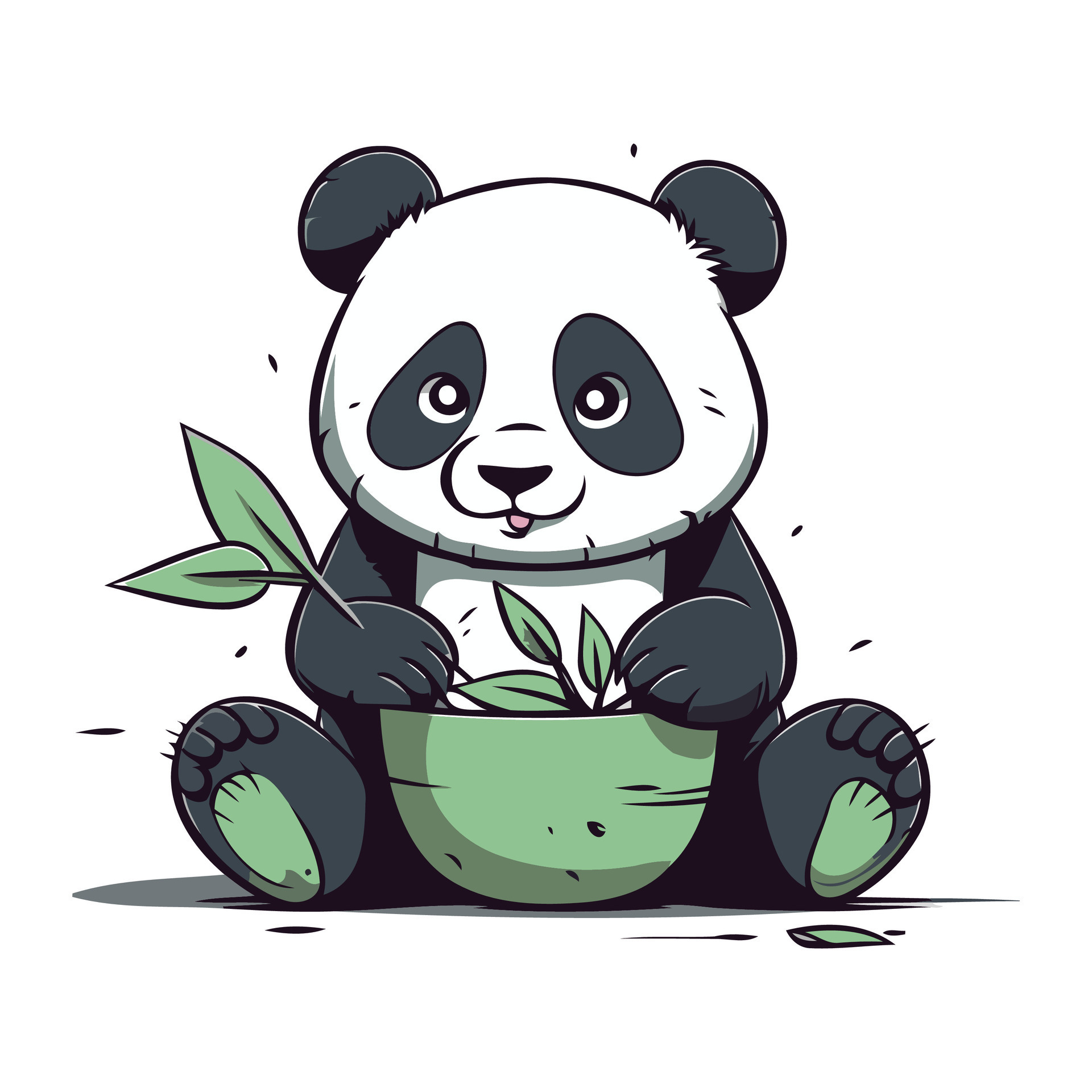 Cute panda sitting in a pot with green leaves. Vector illustration ...
