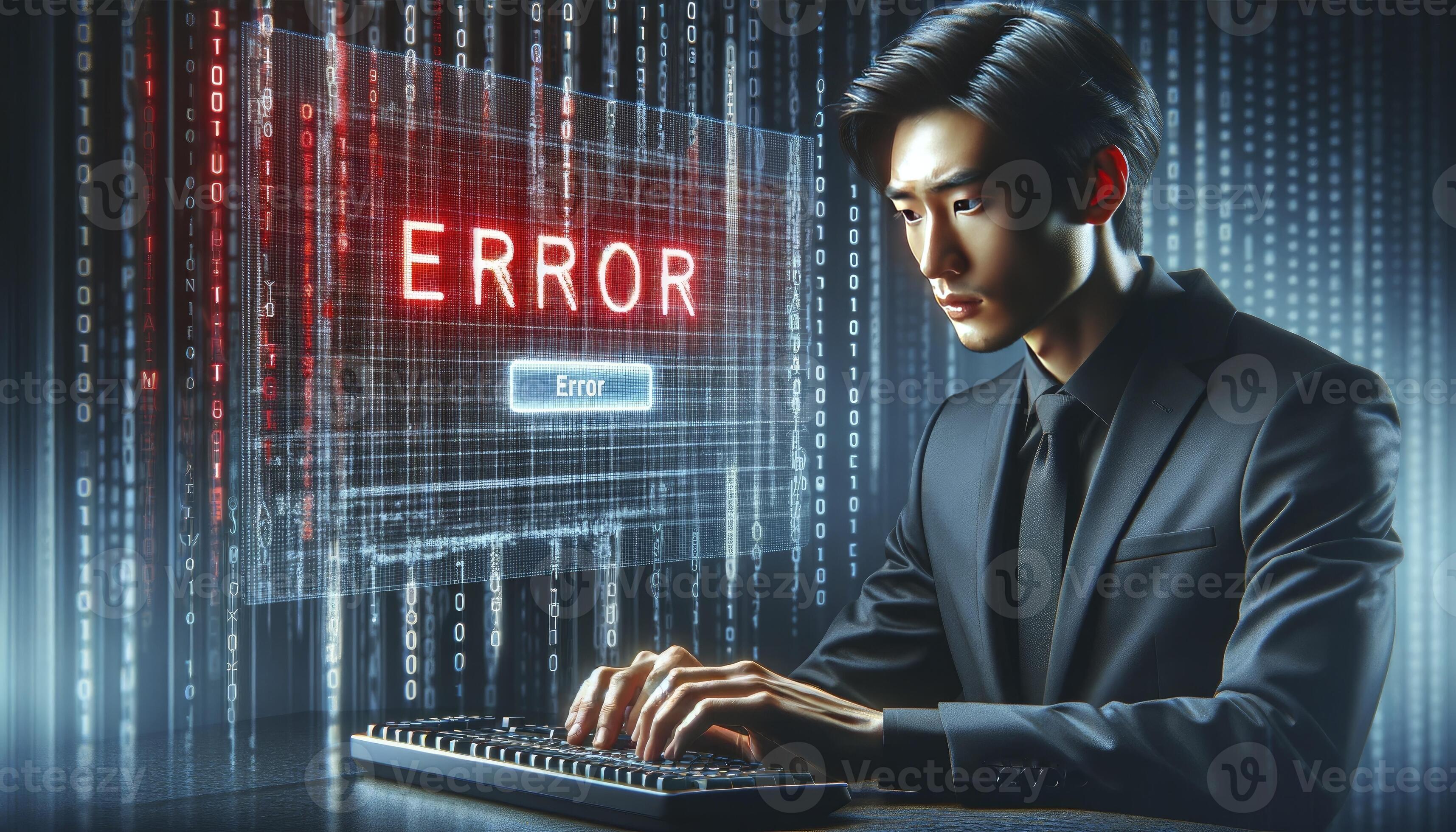 A businessman of Asian descent typing on a computer keyboard with a virtual error message. AI ...
