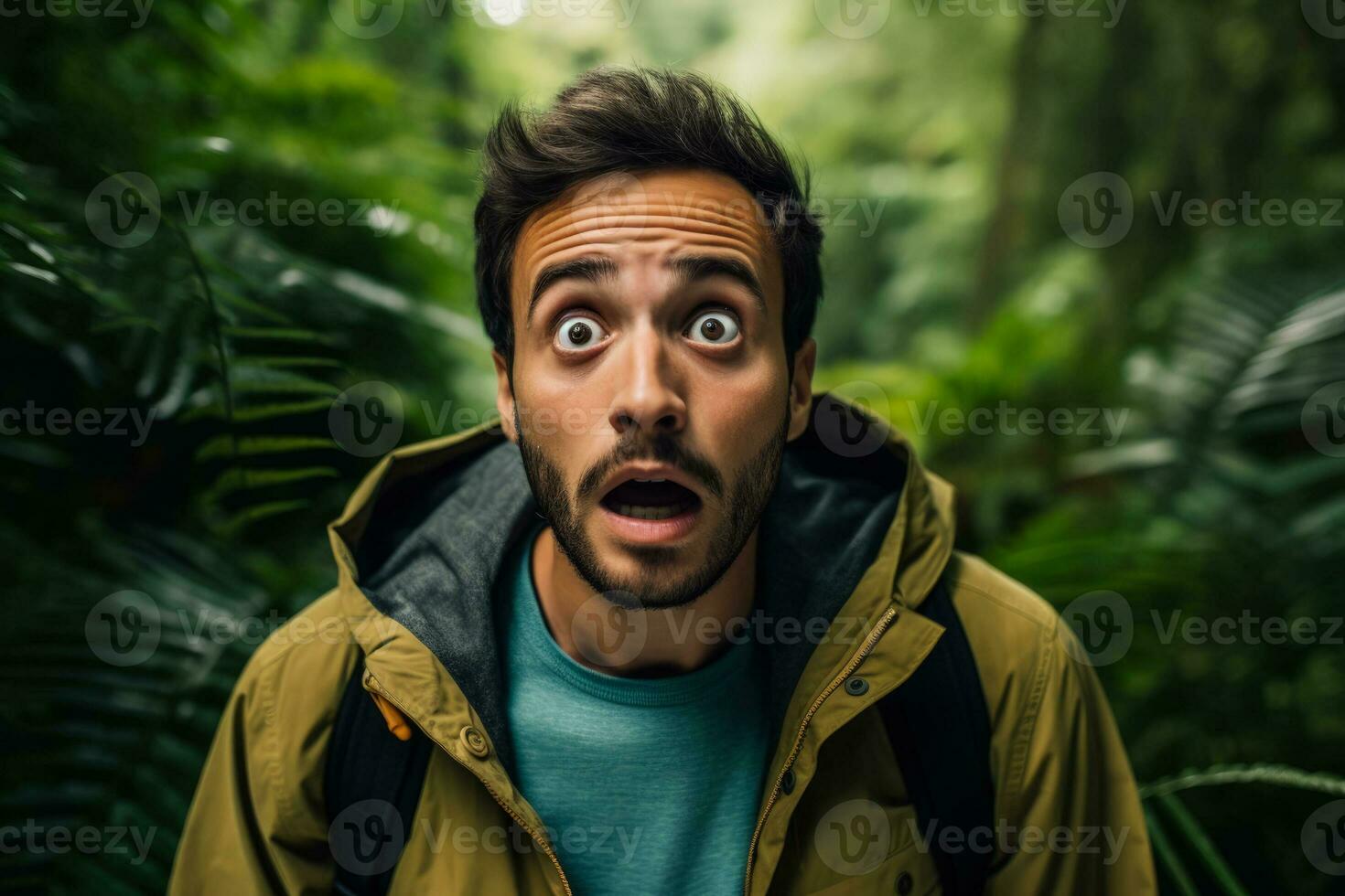 Anxious young adult in forest isolated on a green gradient background ...