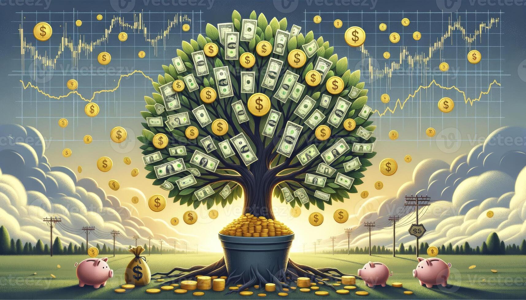 A giant money tree with dollar bills and coins, rooted in a pot of gold, surrounded by financial ...