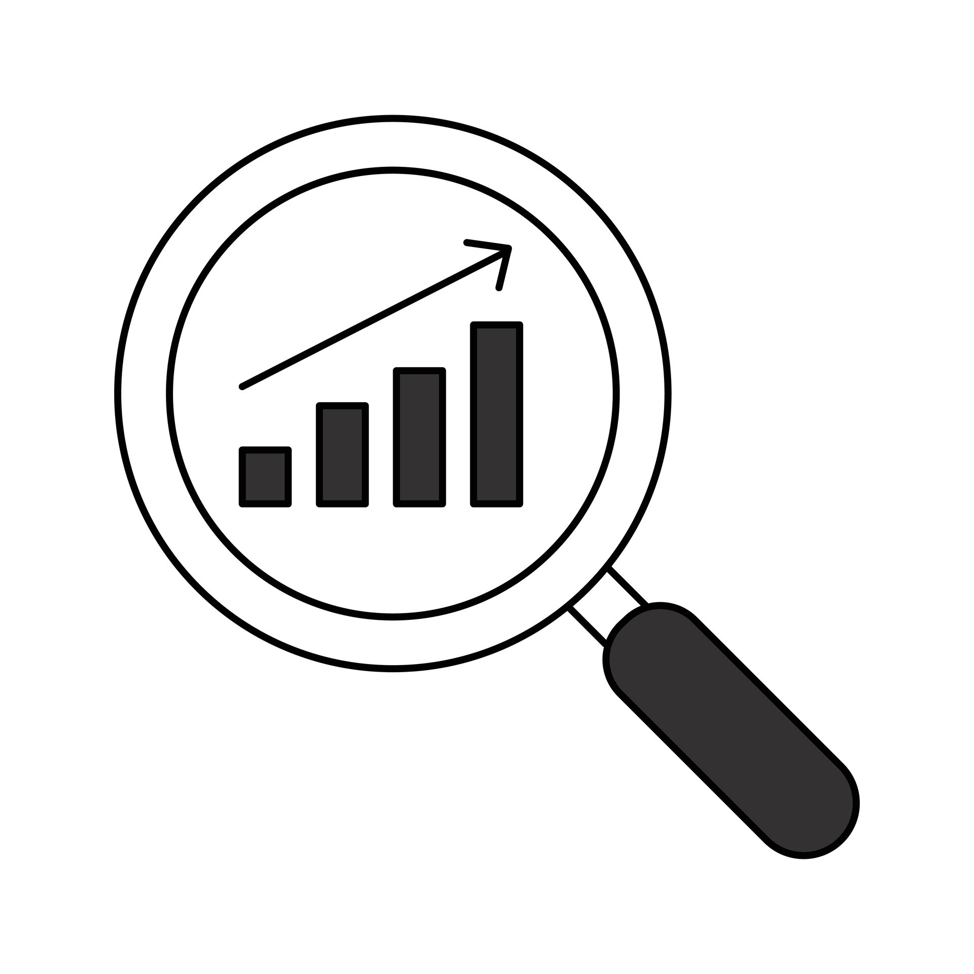 A magnifying glass icon with a graph, representing data analysis, data ...