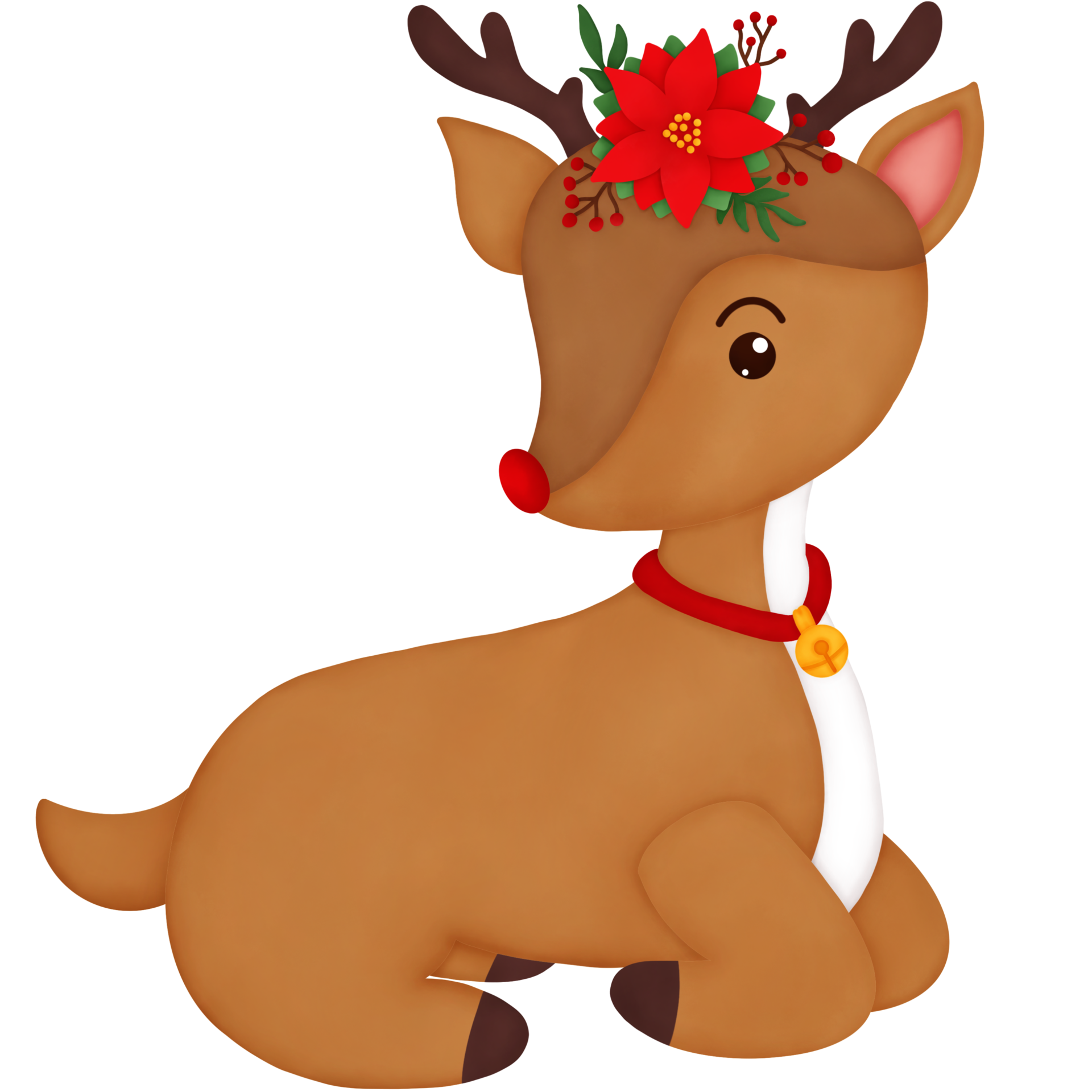 Watercolor Christmas Reindeer Wearing A Crown Of Poinsettia Christmas