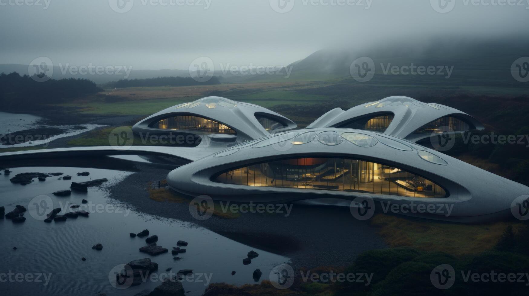 Organic biomorphic forms architecture in the rainy day, ai generative ...