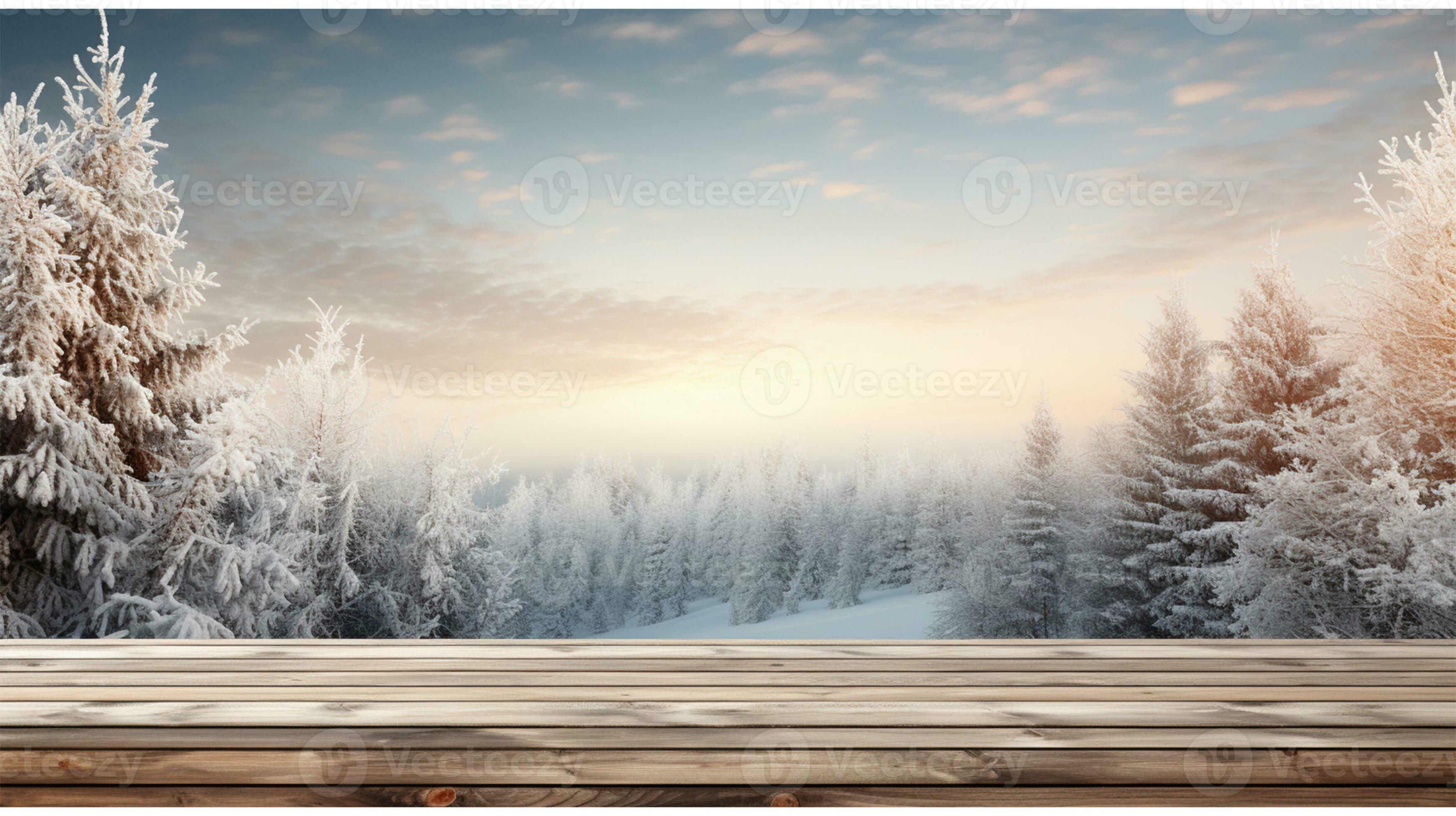 Winter landscape with snow covered trees and falling snowflakes. Winter ...