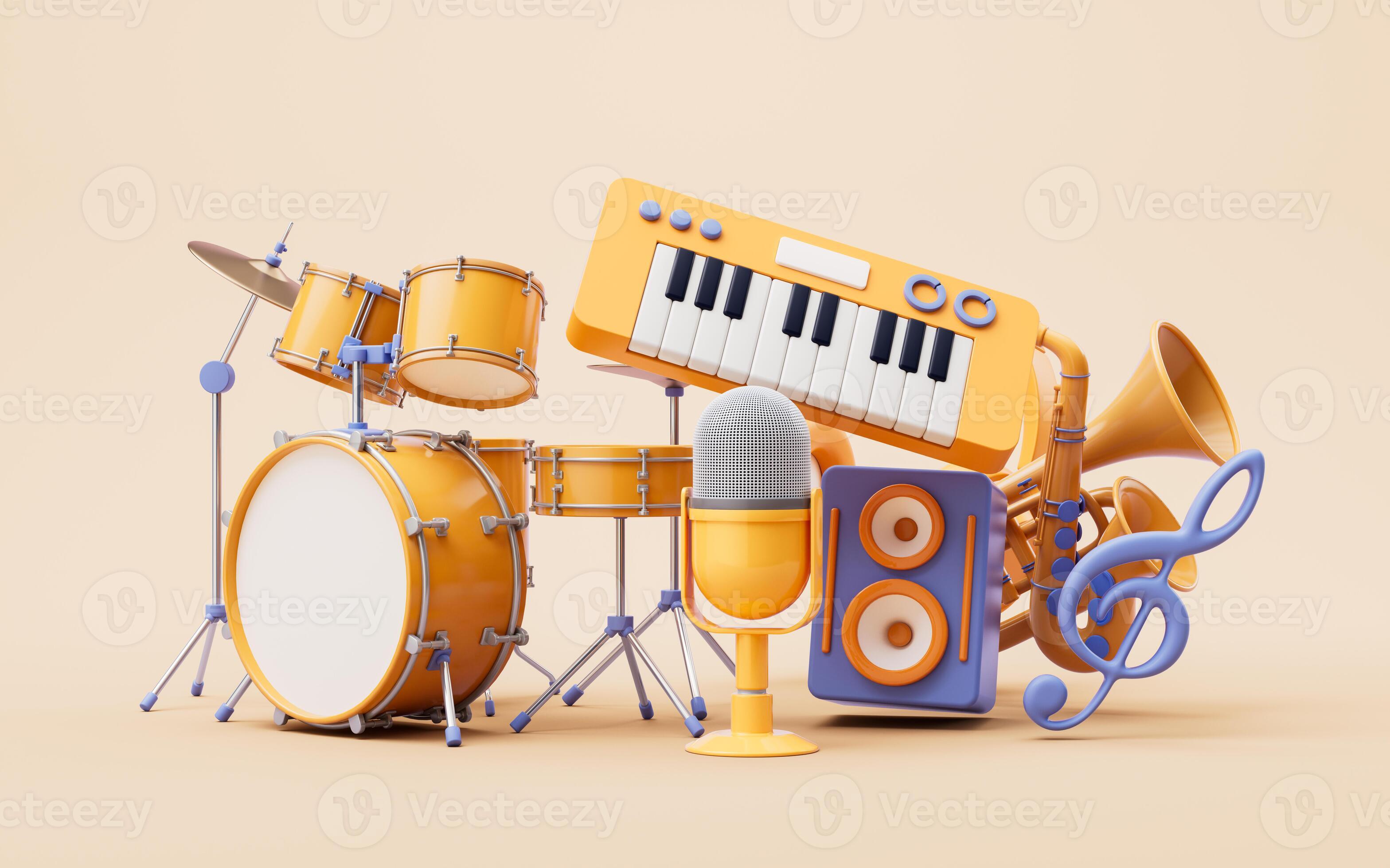 Music instruments with cartoon style, 3d rendering. 33498199 Stock Photo at Vecteezy
