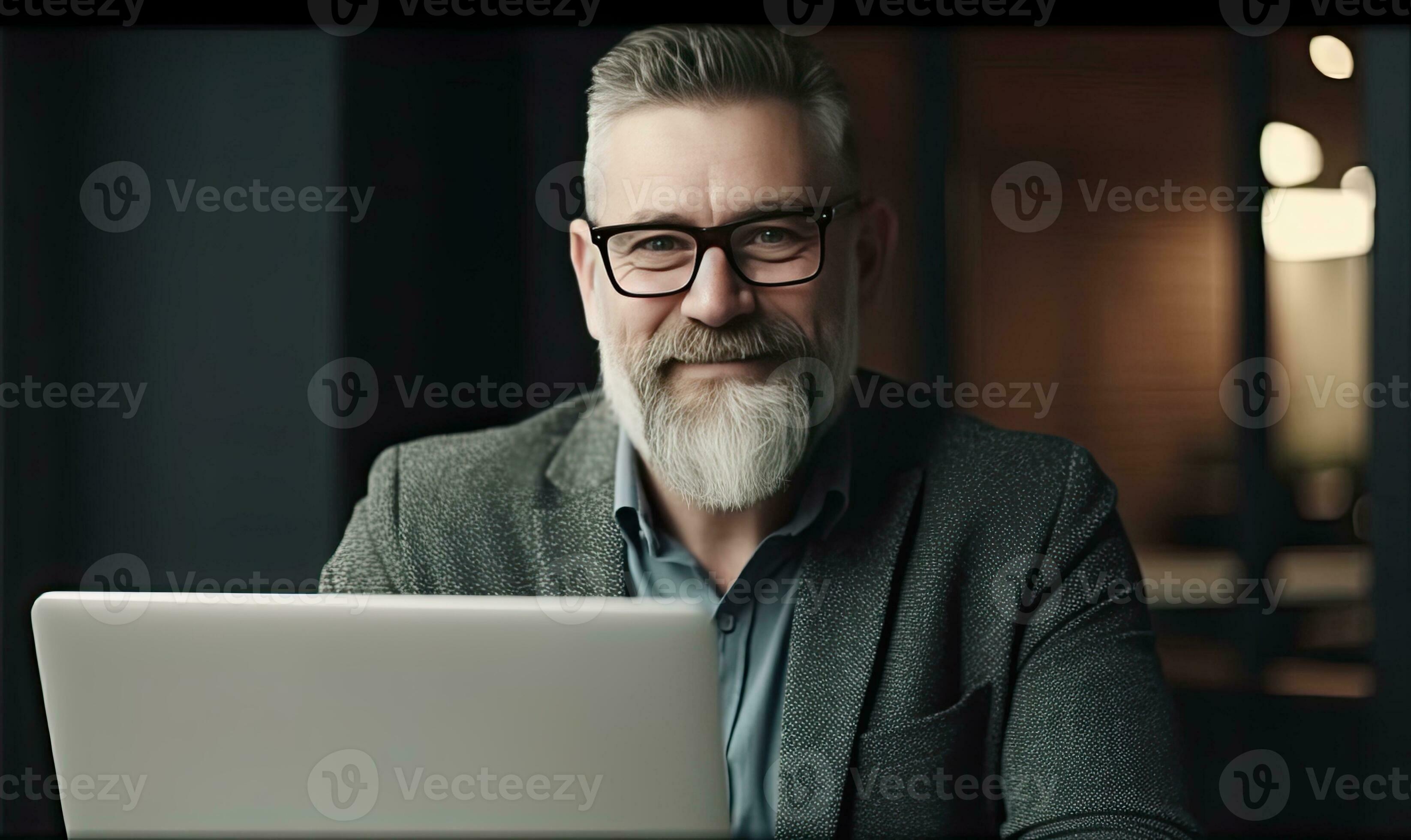 A businessman typing on a laptop in a modern office. Creating using ...