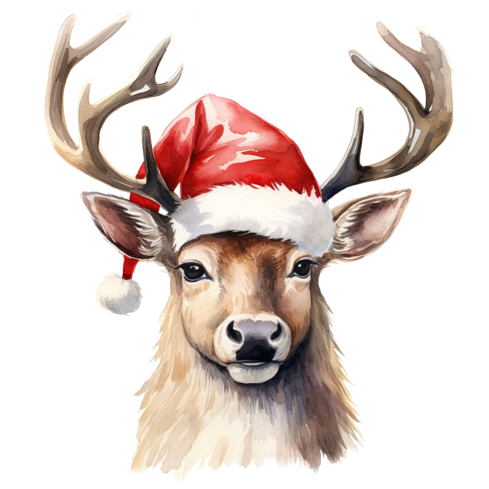 Reindeer Wearing Santa Hat For Christmas Event Watercolor Style Ai