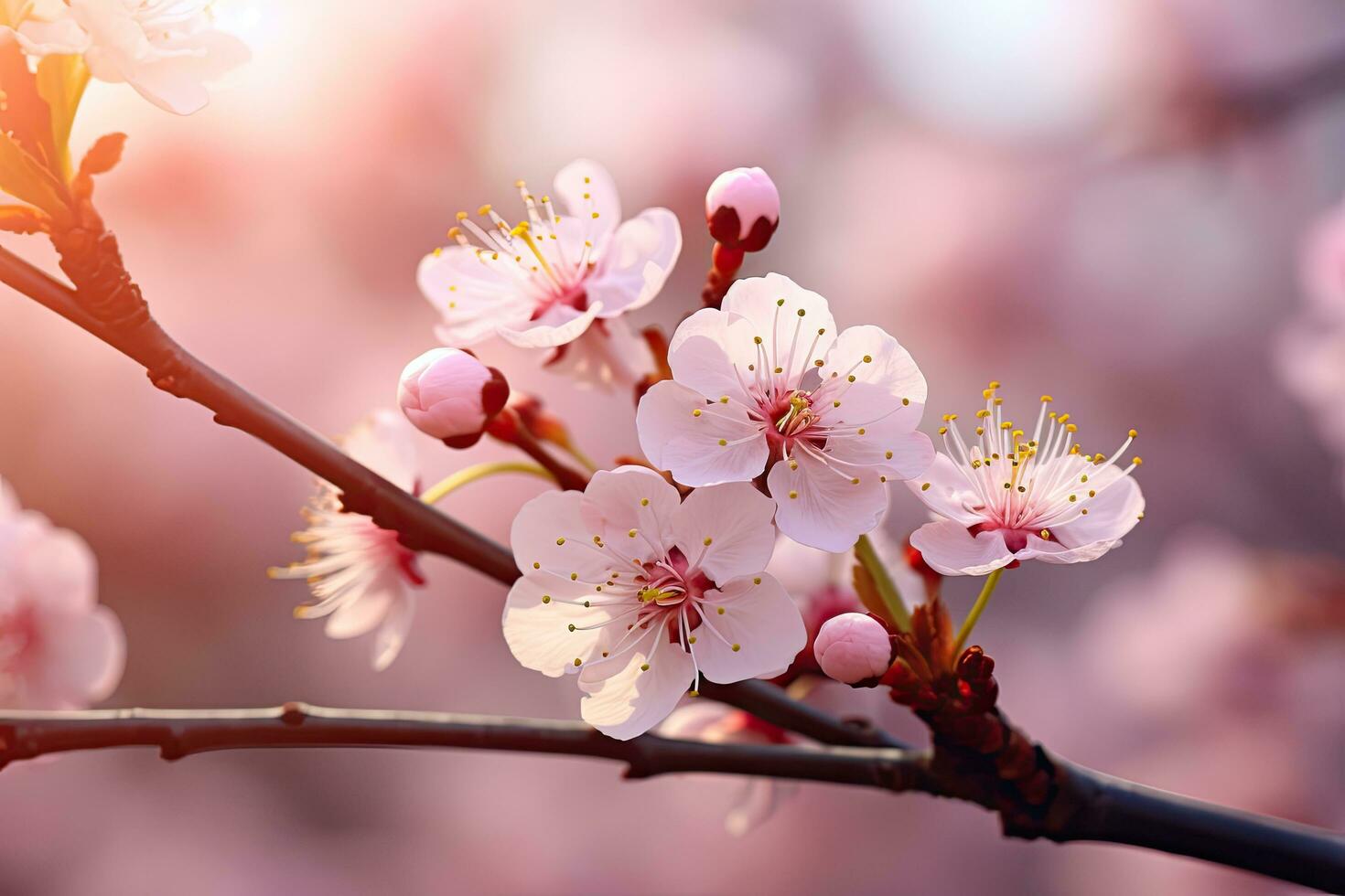 Beautiful blooming branch of cherry tree on blurred background, closeup ...