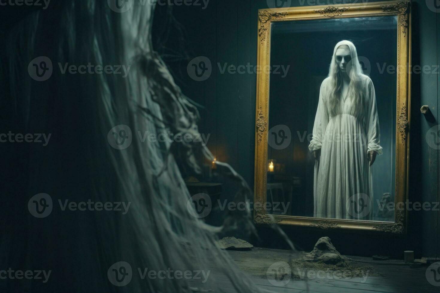 Creepy ghost reflection in mirror. Generative AI 33506900 Stock Photo ... Creepy ghost reflection in mirror. Generative AI 33506900 Stock Photo ...