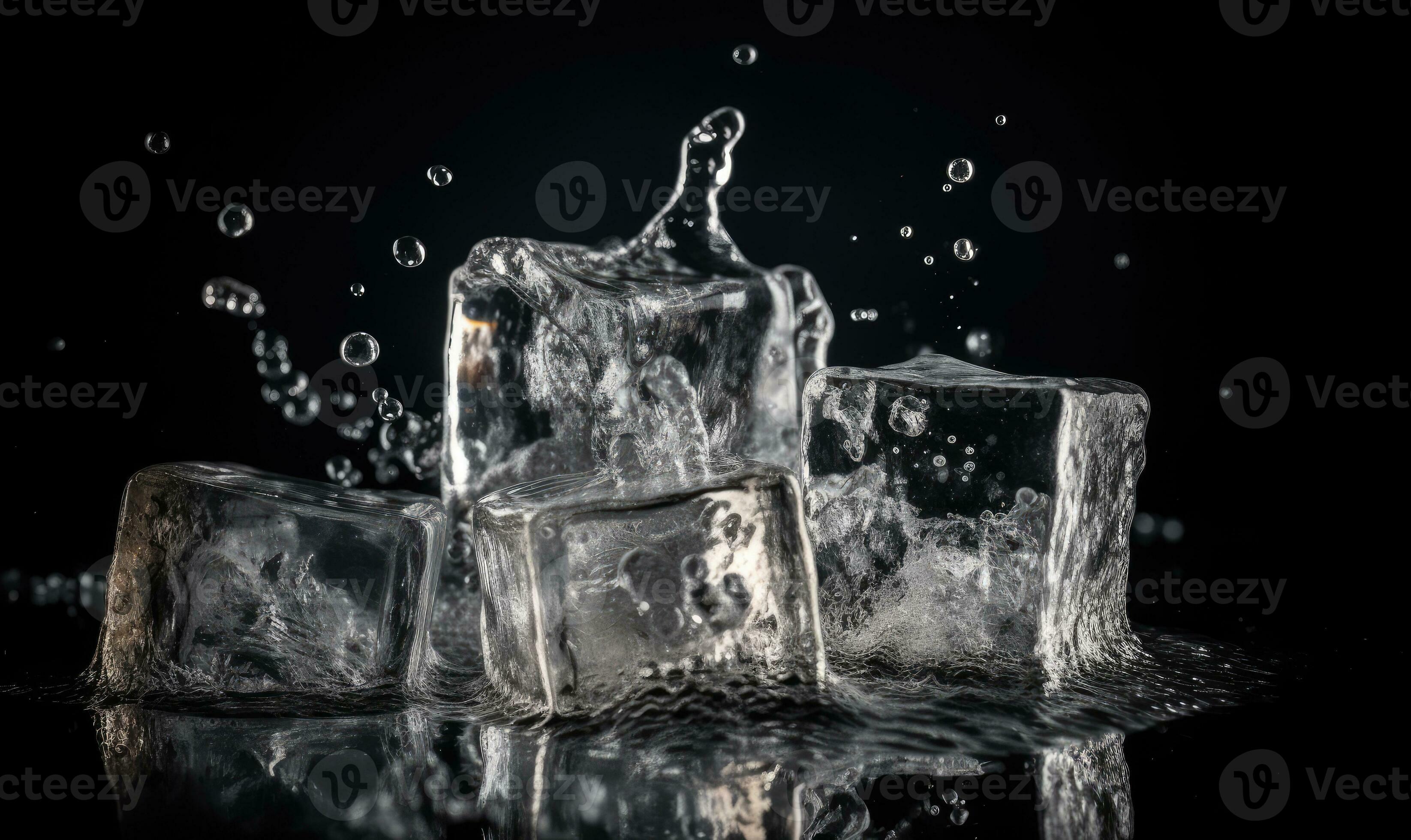 Refreshing ice cubes splashing into a glass of water. Creating using generative AI tools ...