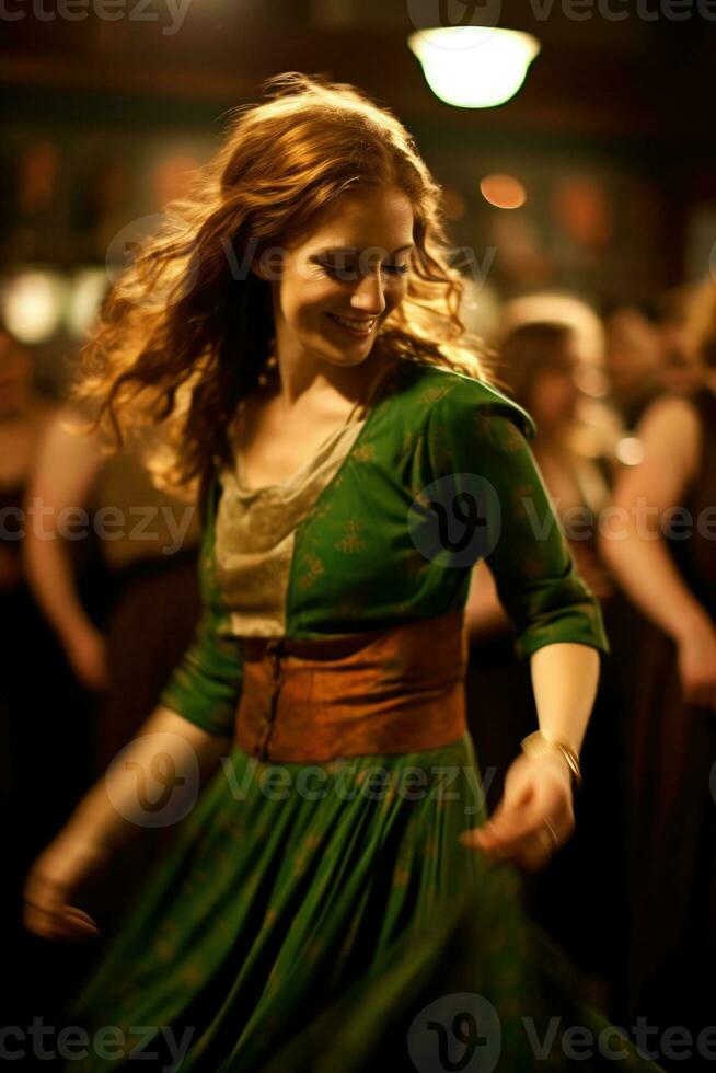 Beautiful Woman Wearing Green Dress Dancing In The Street Ai Generated