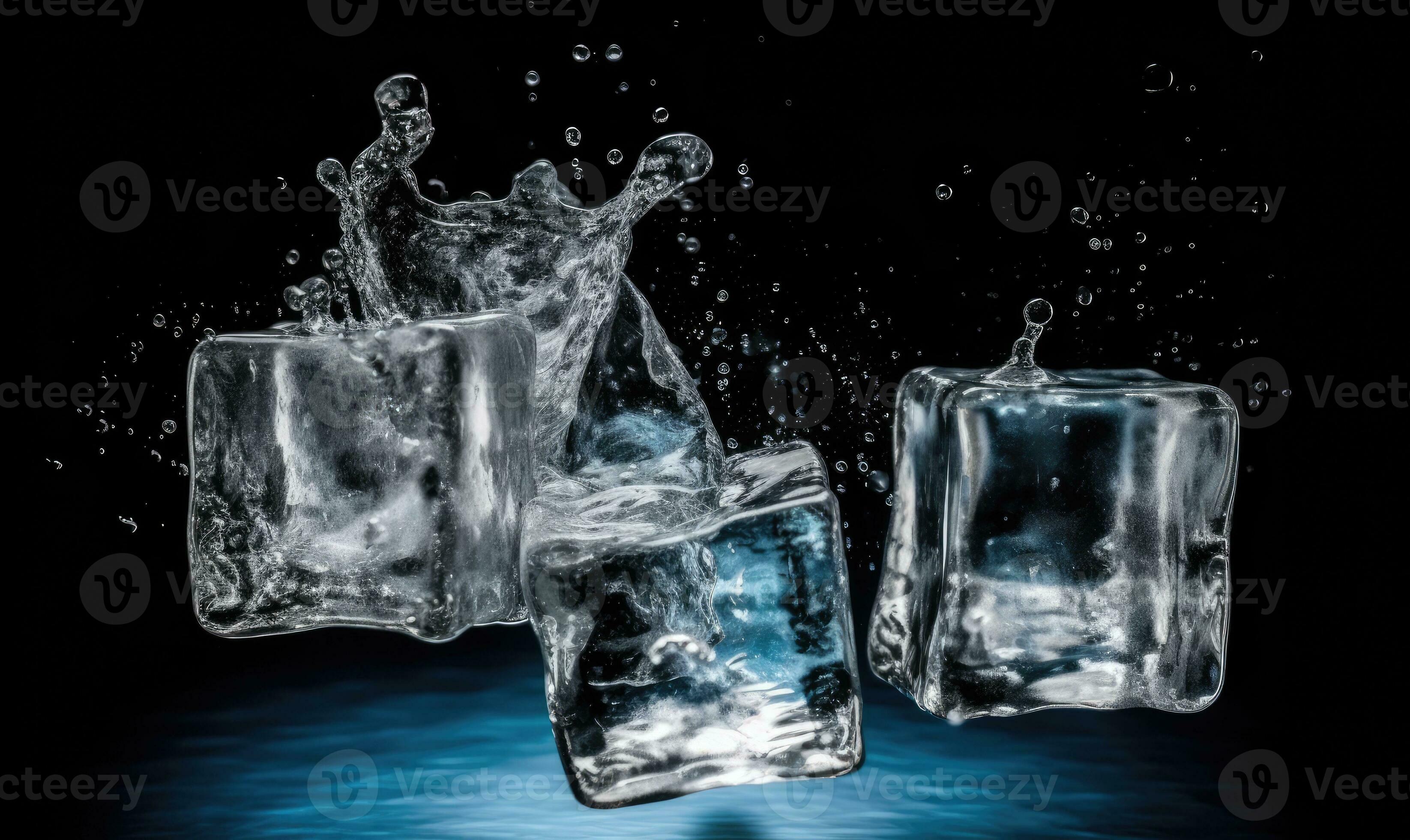 Ice cubes dropping into a pool of crystal-clear water with a splash. Creating using generative ...