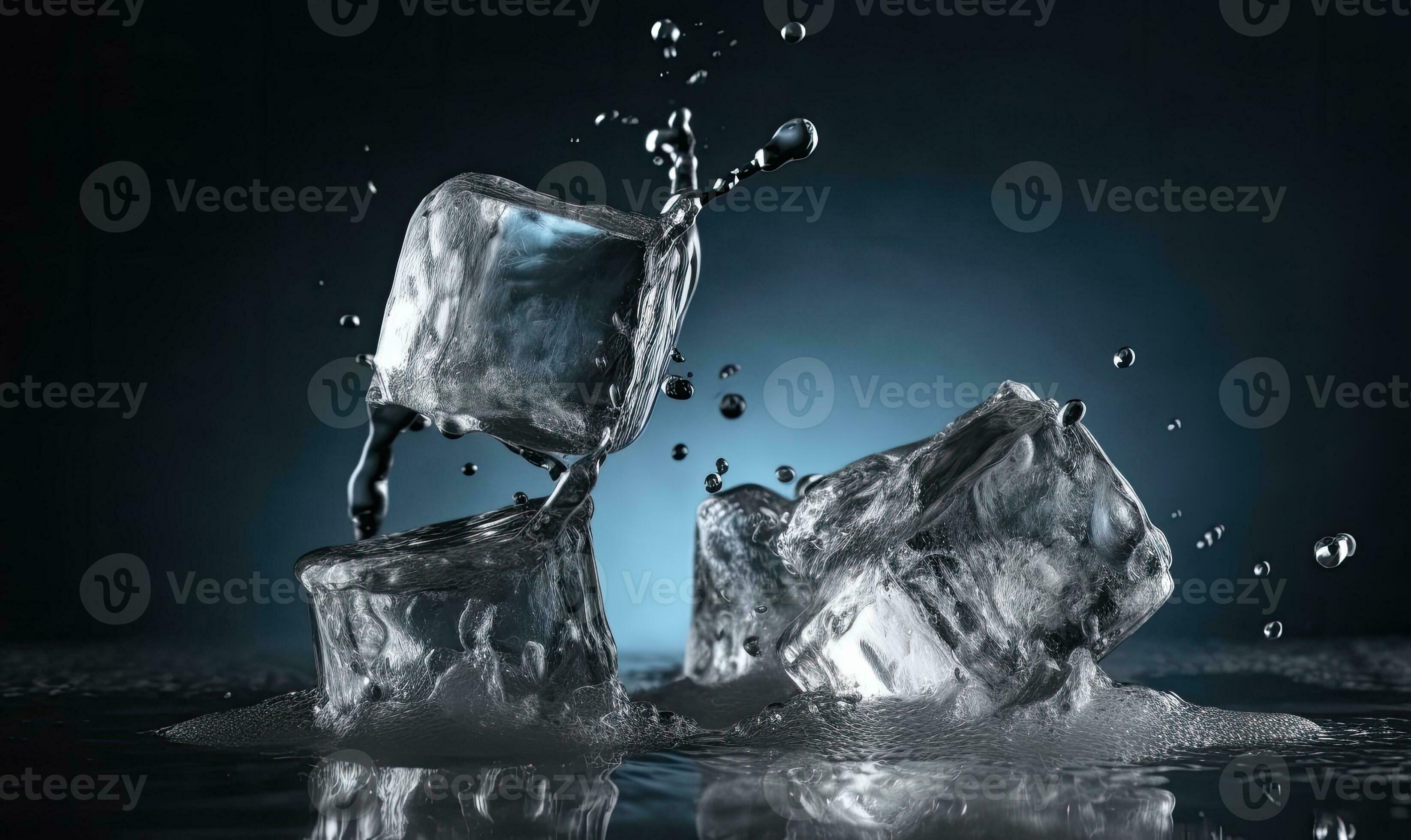 Ice cubes dropping into a pool of crystal-clear water with a splash. Creating using generative ...