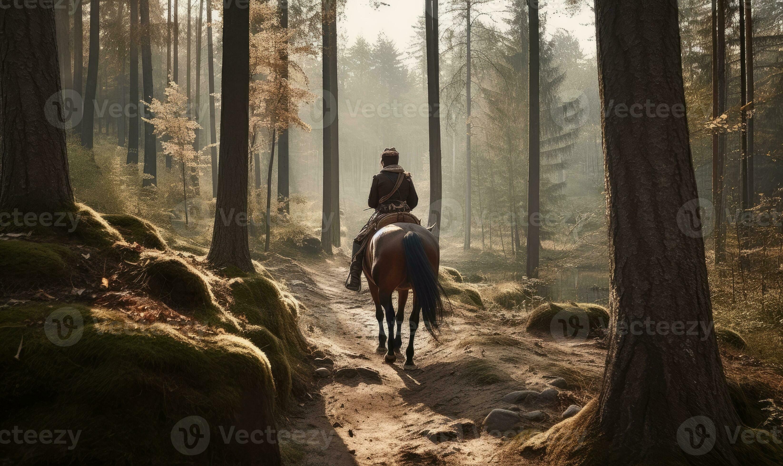 Lone horseman wanders through dense forest Creating using generative AI ... Lone horseman wanders through dense forest Creating using generative AI ...