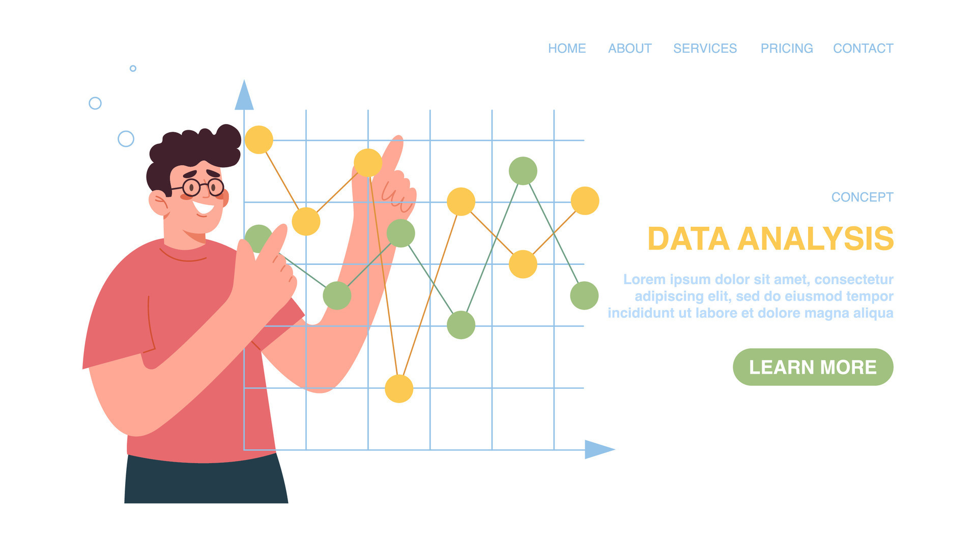 Web page with man analyzes graph data 33532523 Vector Art at Vecteezy