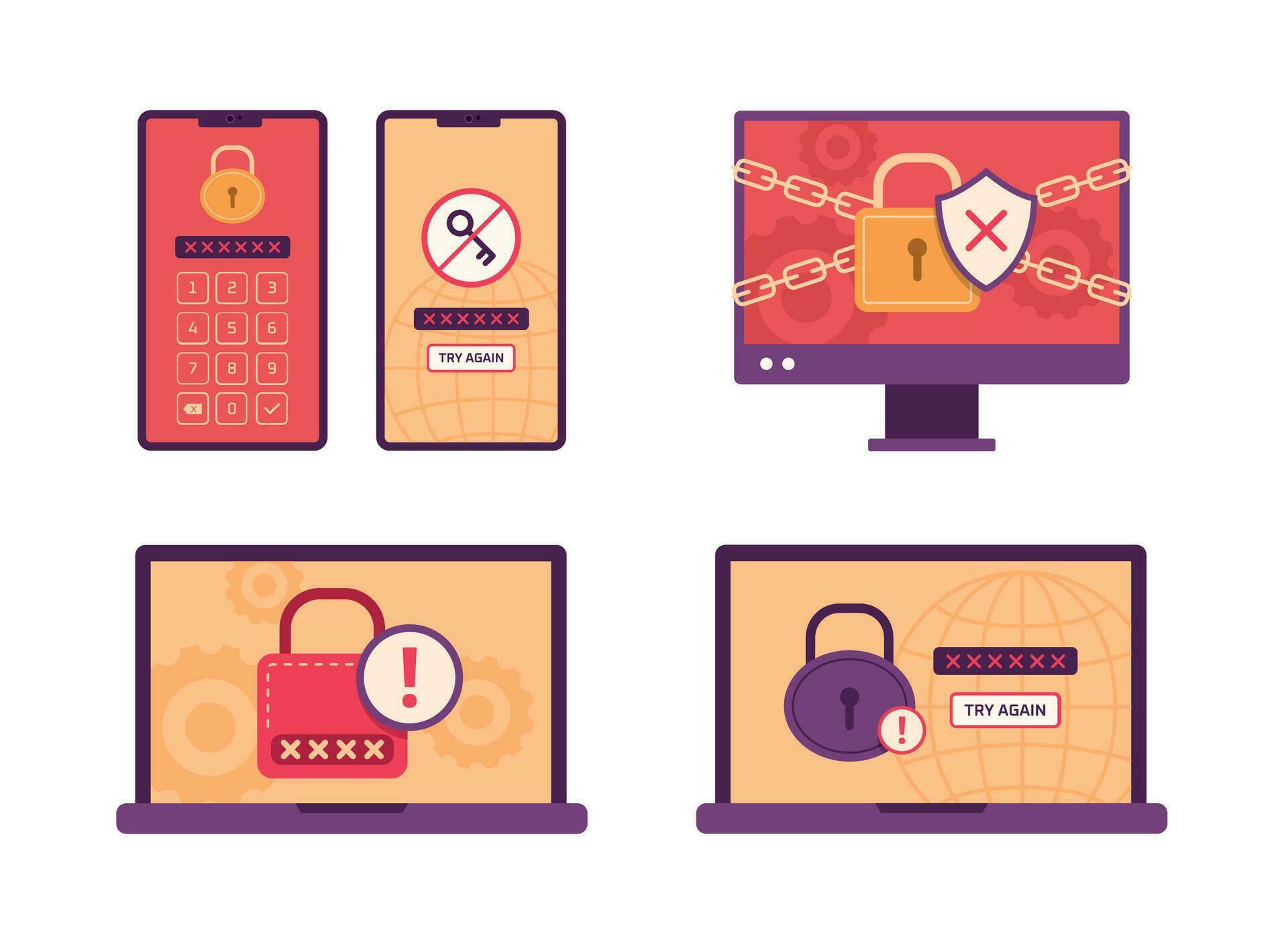 Set of Computers and Mobile Phones with Error Lock Screen Warning for ...