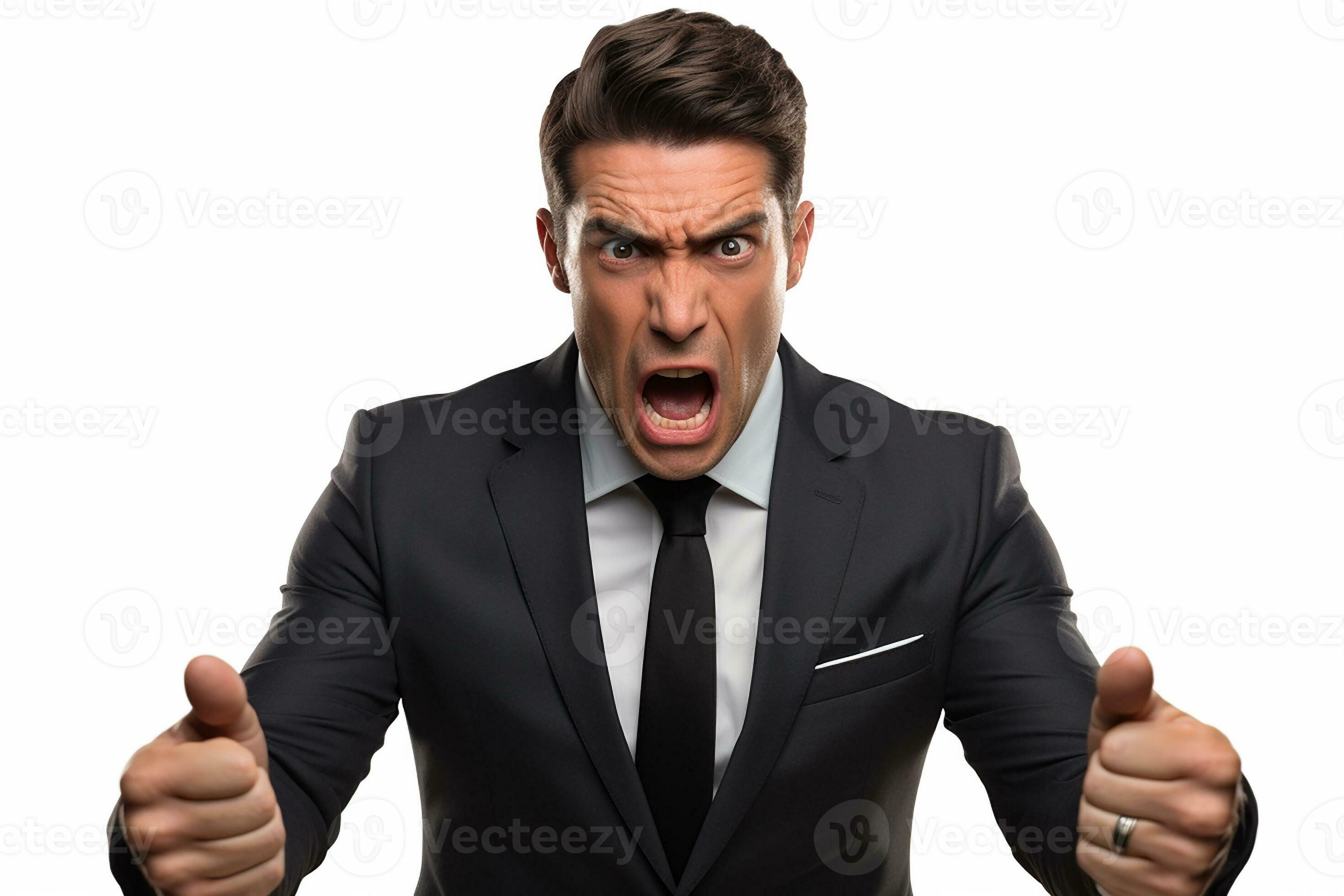 Man in suit standing and showing his angry emotion. Portrait ...