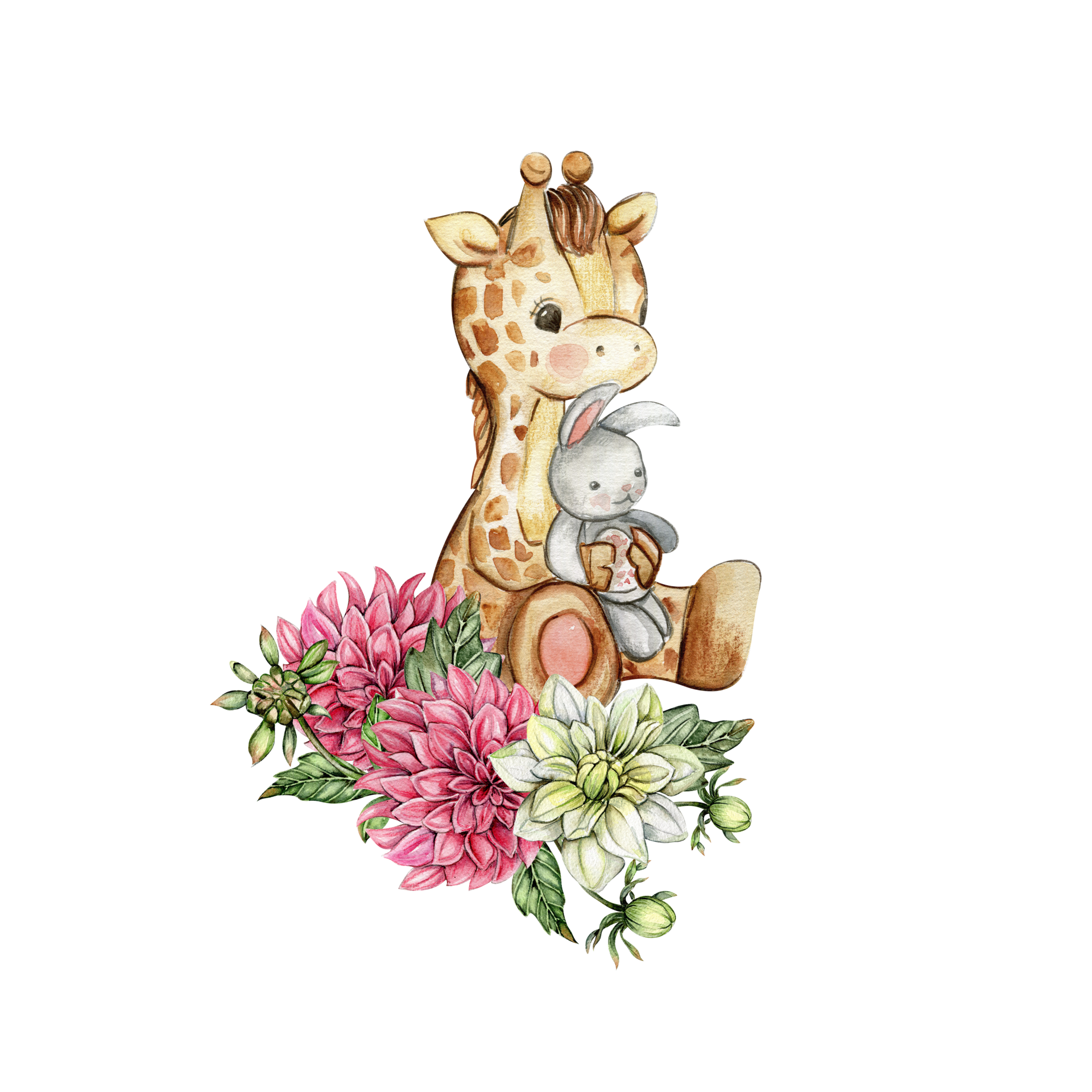 Watercolor hand drawn cute small baby giraffe. with dahlia flowers ...