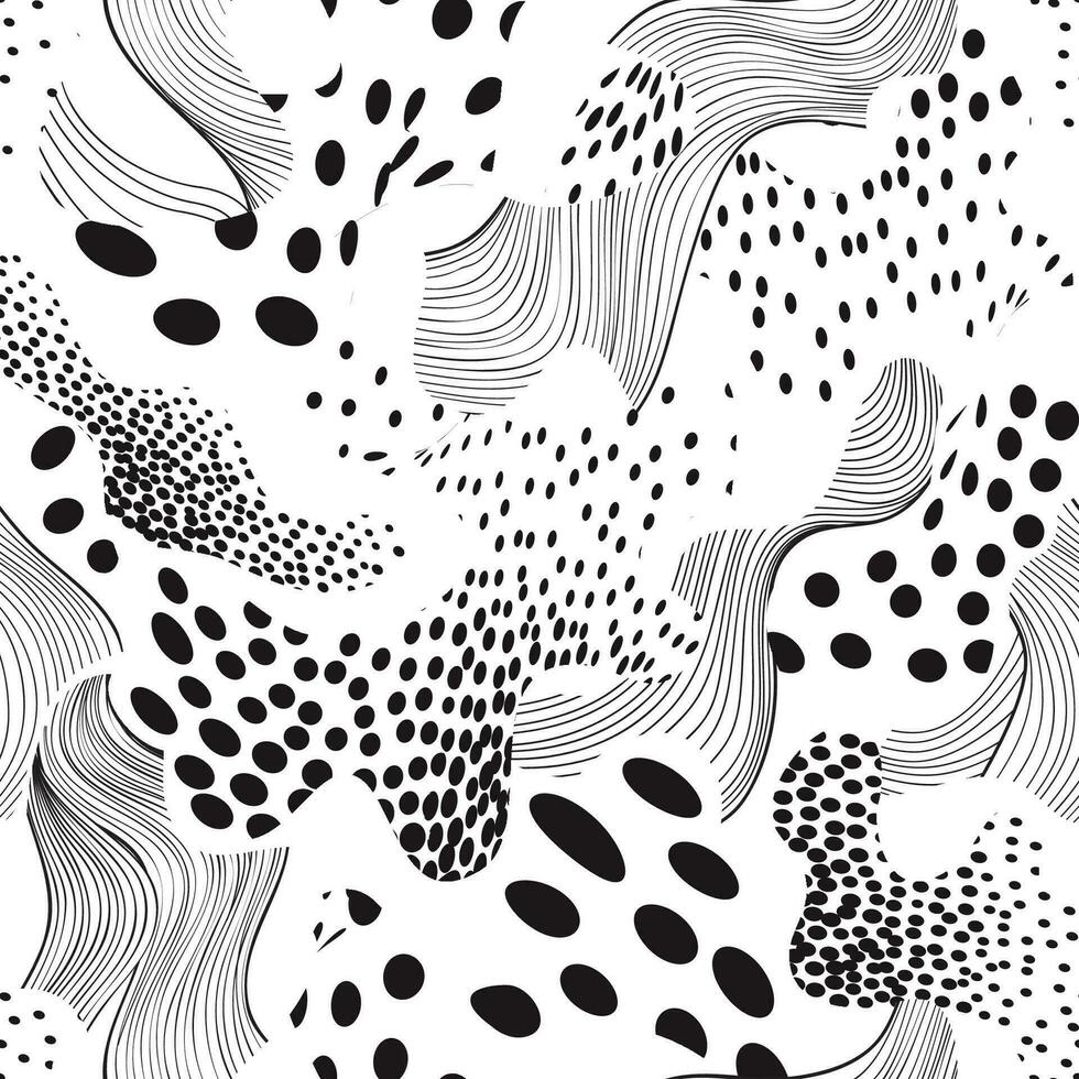 Abstract Dotted Seamless Pattern With Chaotic Flowing Swirl Lines And Blots In Geometric Style
