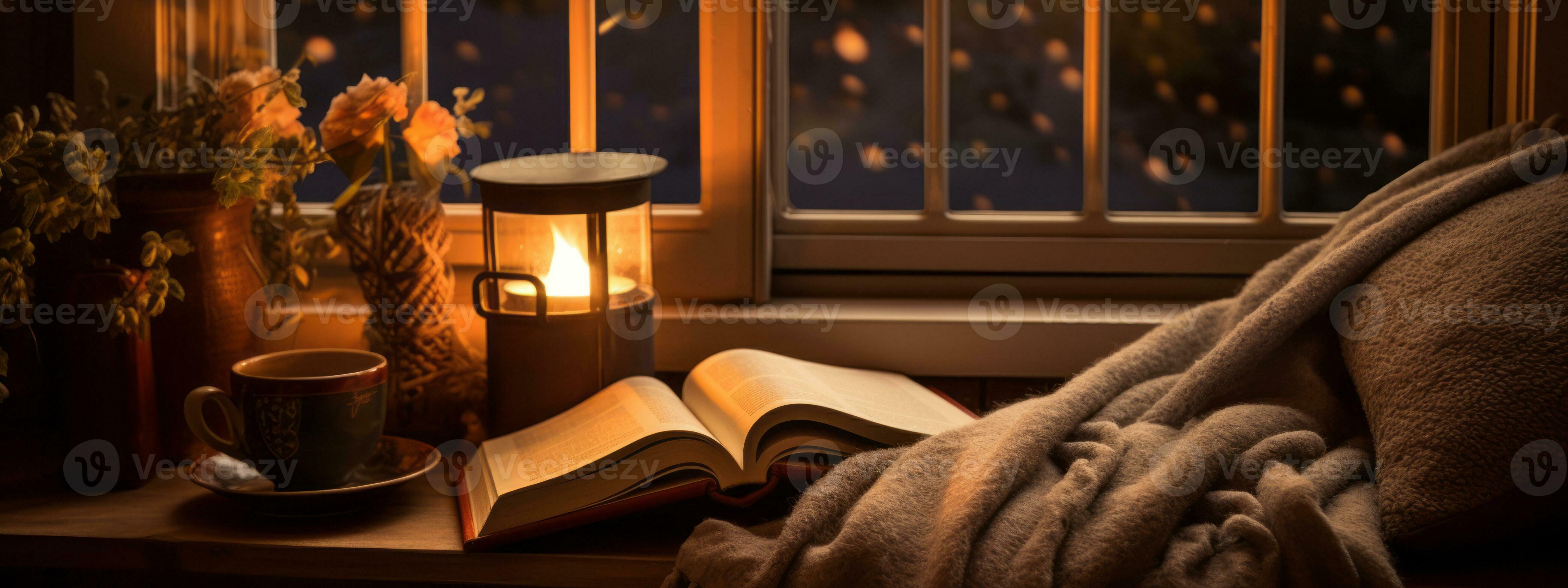 A cozy reading nook with books, a warm blanket, and a steaming cup of ...