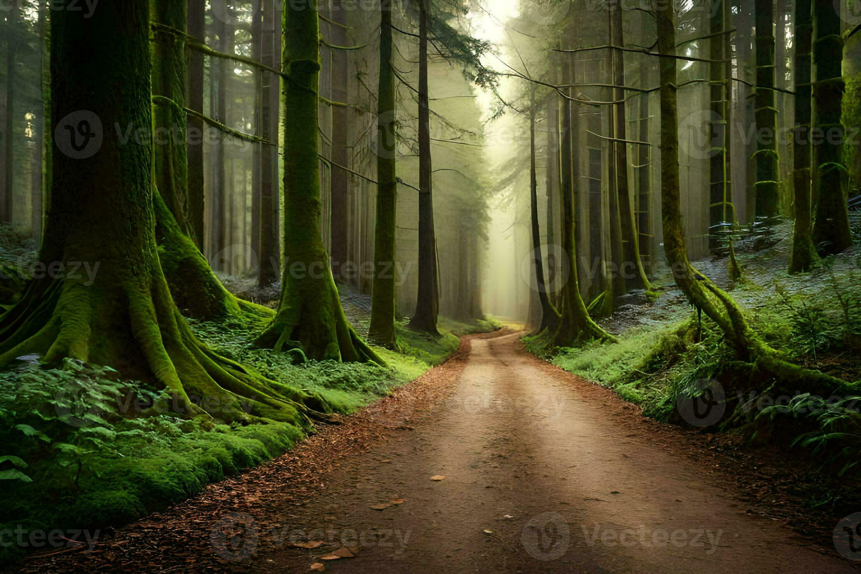 a dirt road in a forest with trees and moss. AI-Generated 33588472 Stock Photo at Vecteezy