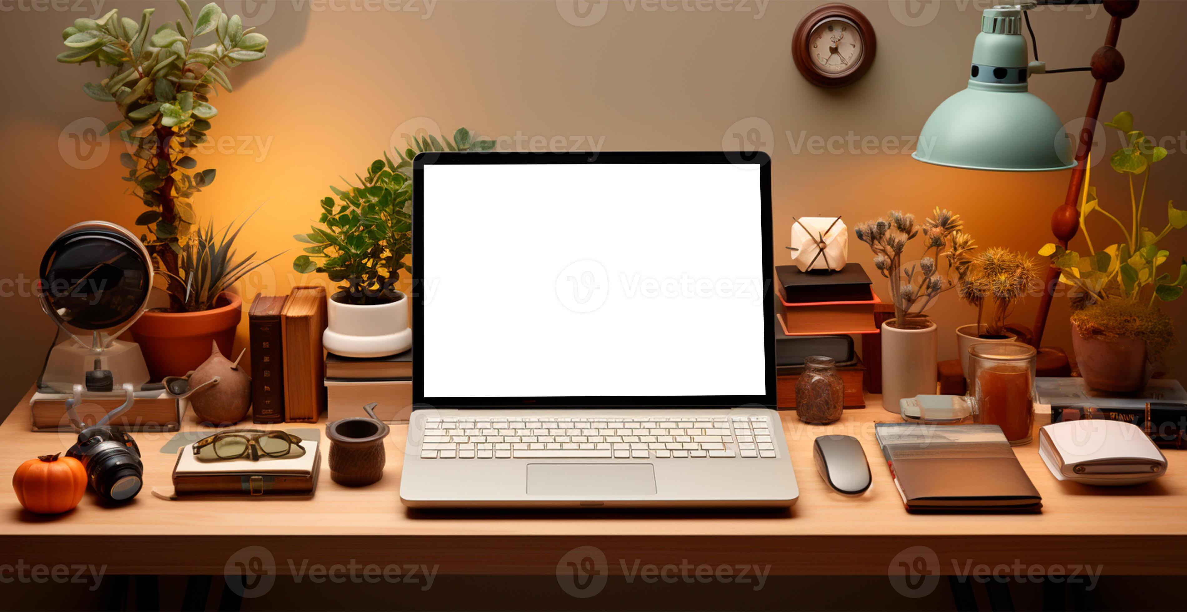 Desktop with laptop, business background, work from home concept - AI ...