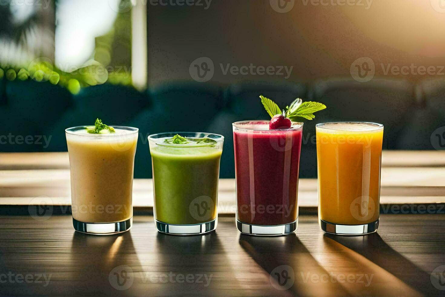 five different types of smoothies on a table. AI-Generated 33591104 Stock Photo at Vecteezy