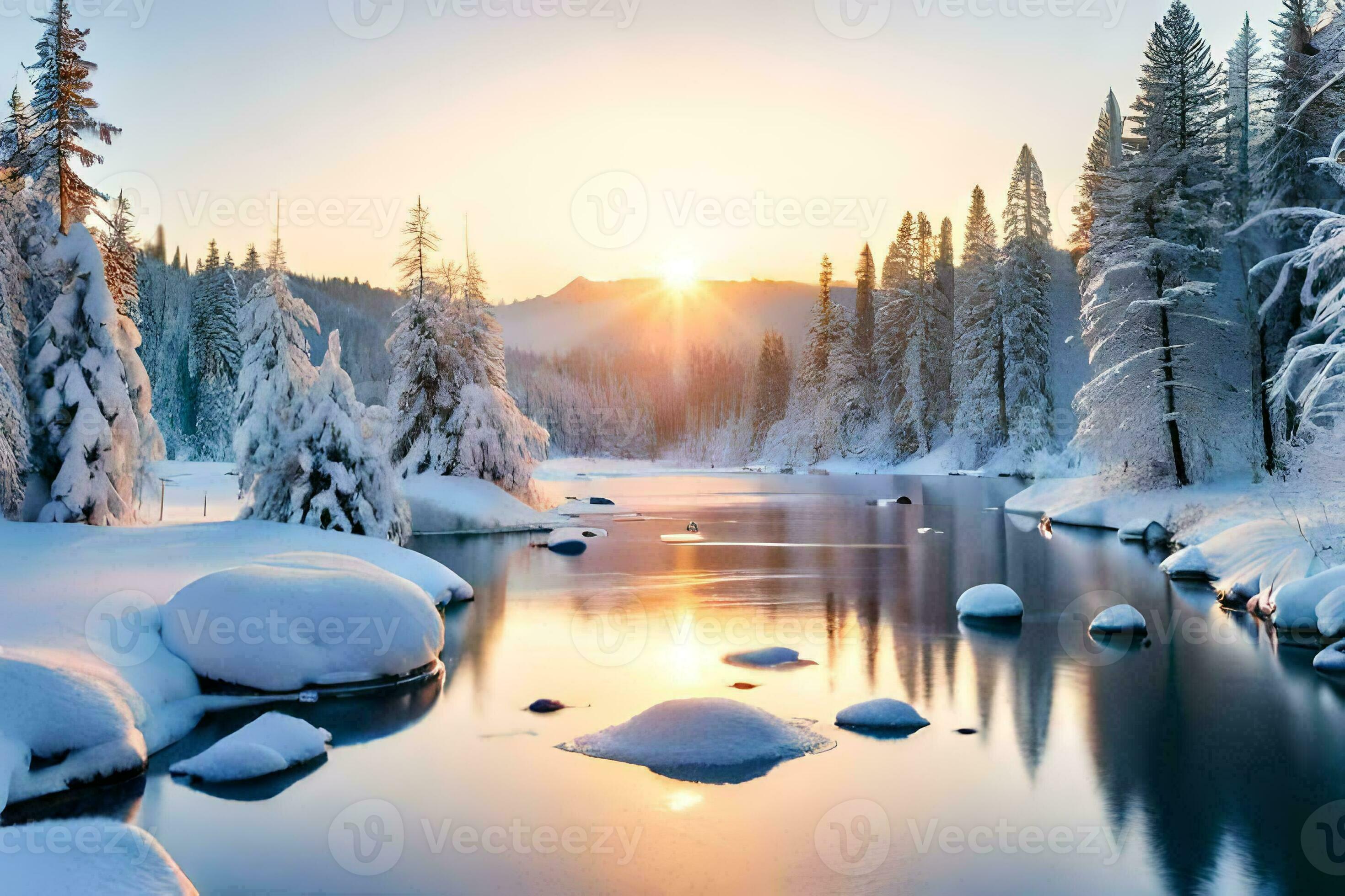 photo wallpaper the sky, snow, trees, river, sun, winter, the forest ...